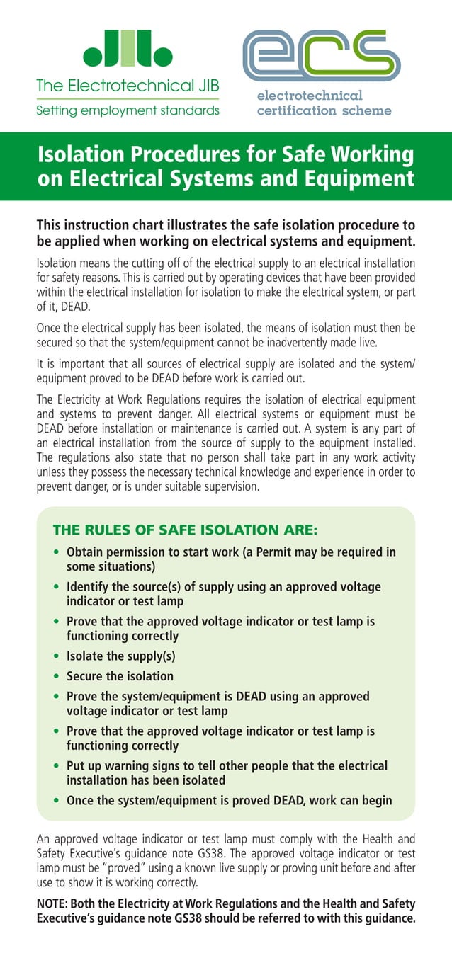 Isolation procedures for safe working on electrical systems and ...