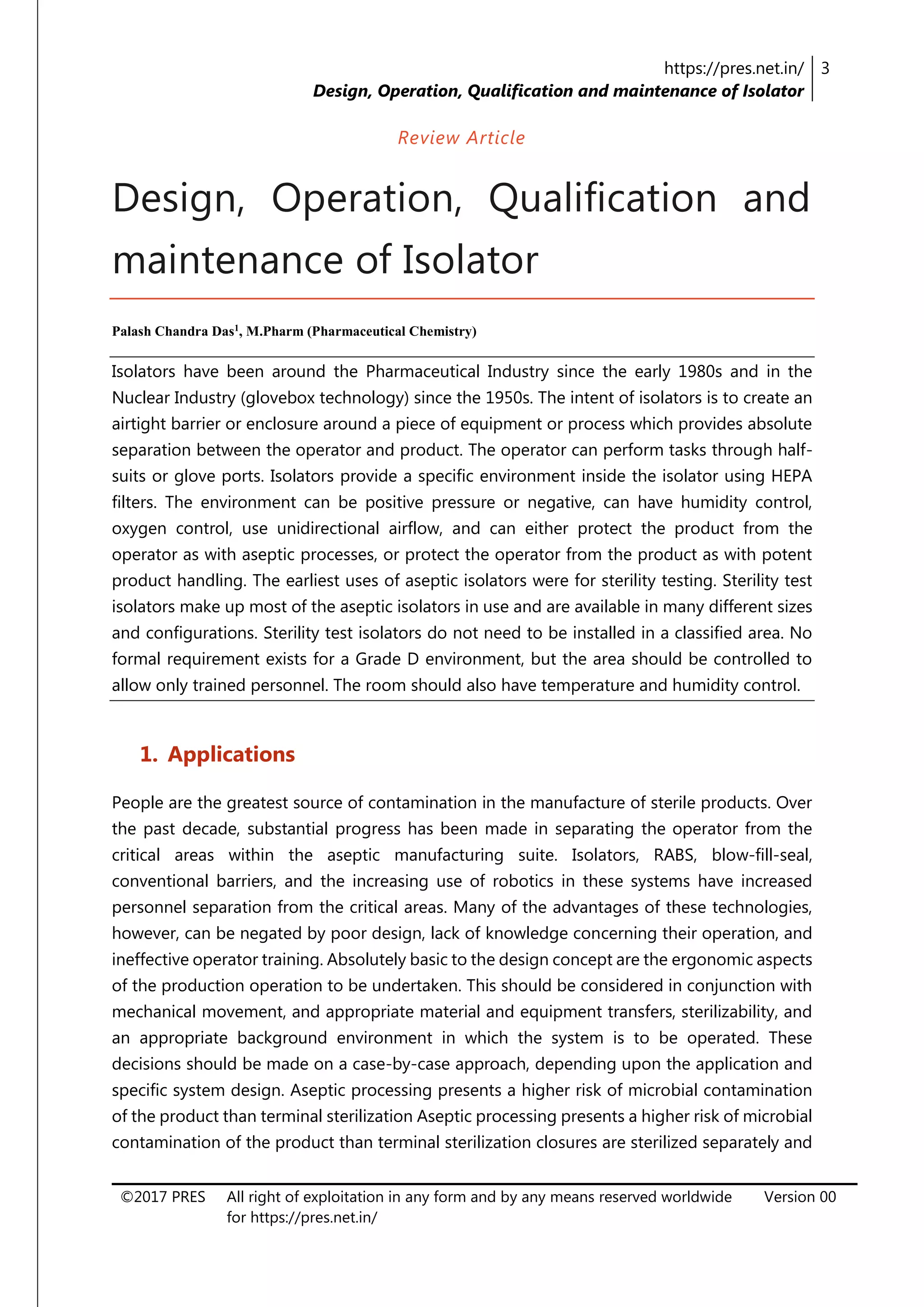 Pharmaceutical Isolator technology in aseptic processing | PDF
