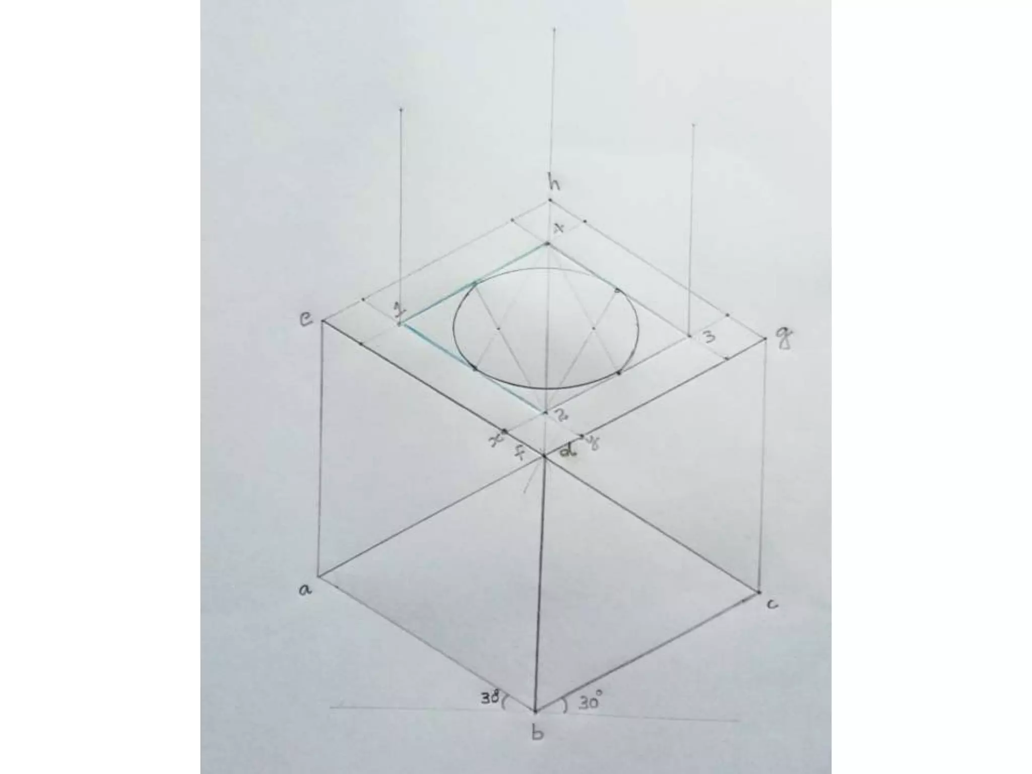 Isometric view of combination of solids: Cylinder resting centrally ...