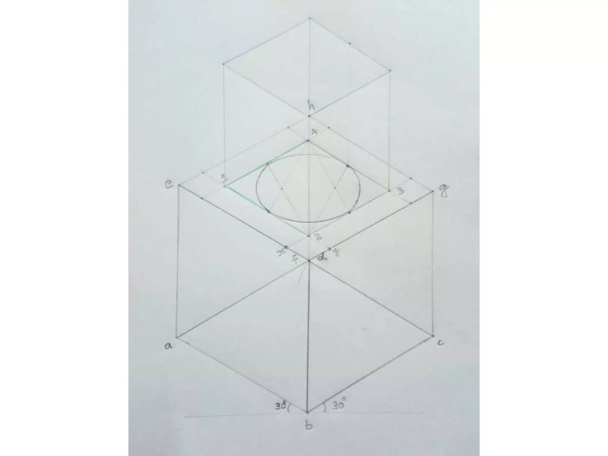 Isometric view of combination of solids: Cylinder resting centrally ...