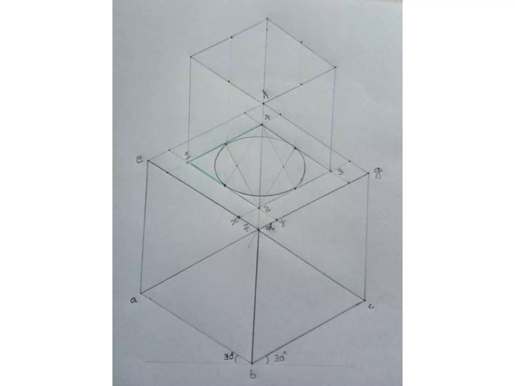 Isometric view of combination of solids: Cylinder resting centrally ...