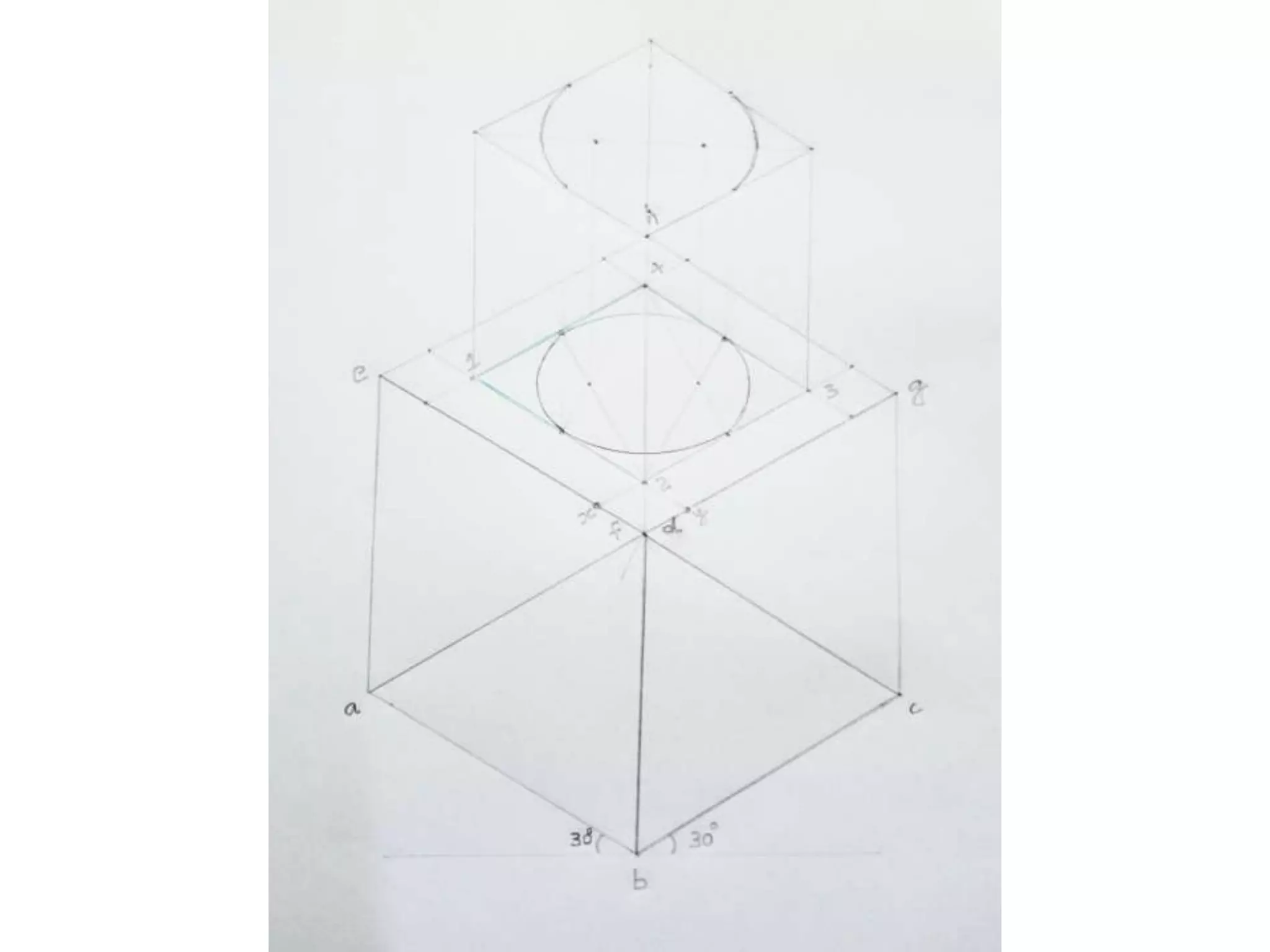 Isometric view of combination of solids: Cylinder resting centrally ...