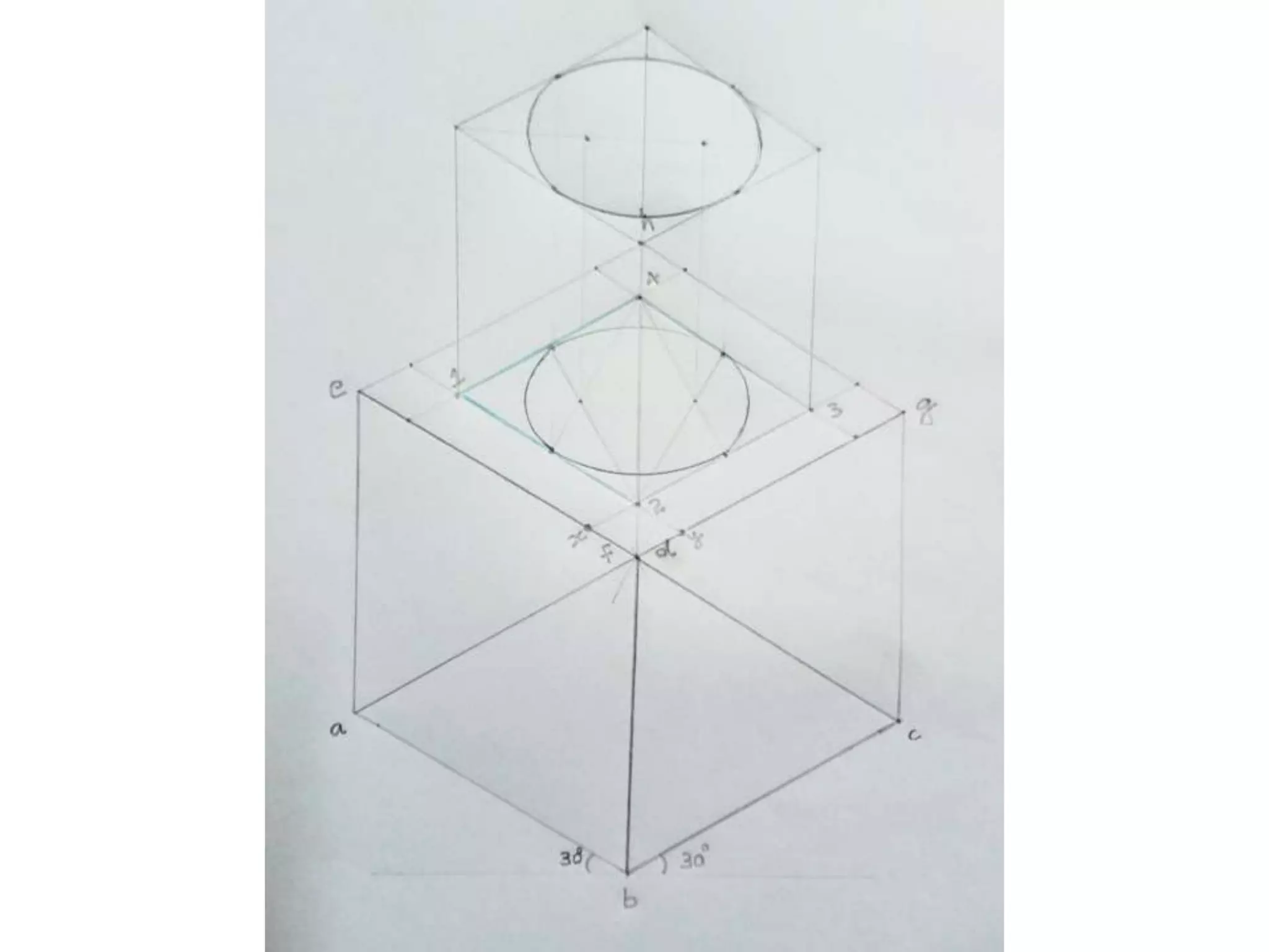 Isometric view of combination of solids: Cylinder resting centrally ...