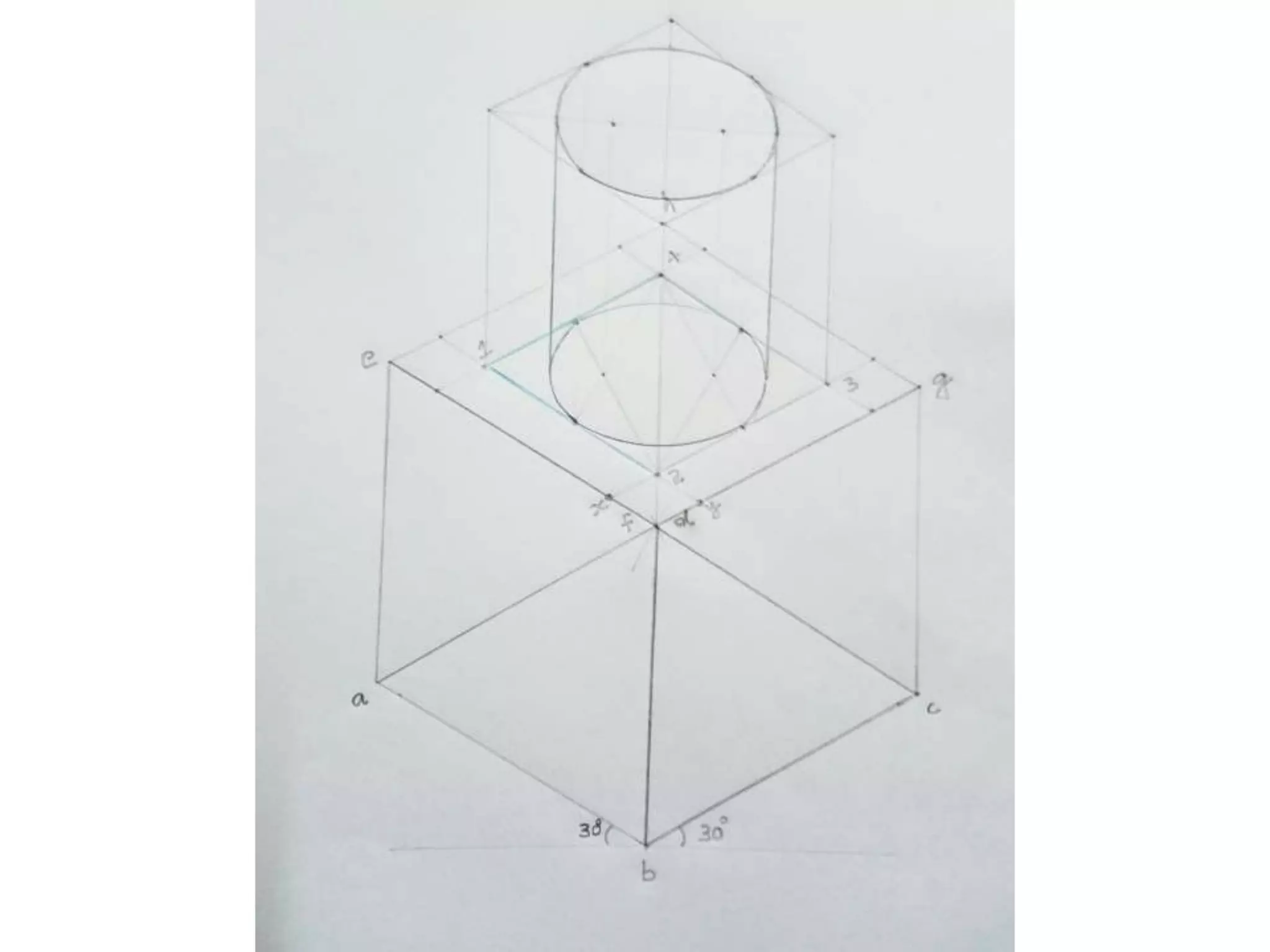 Isometric view of combination of solids: Cylinder resting centrally ...