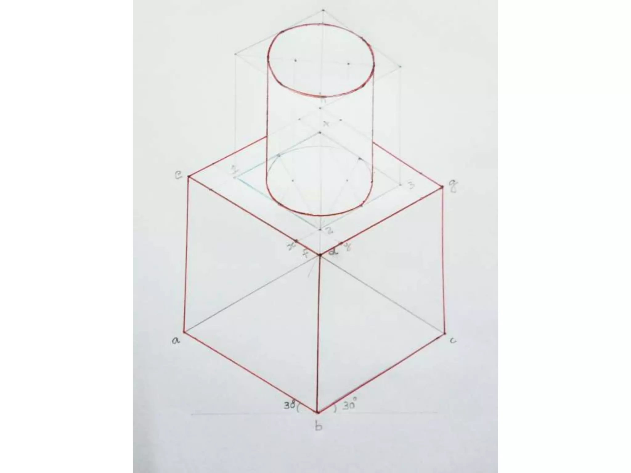 Isometric view of combination of solids: Cylinder resting centrally ...