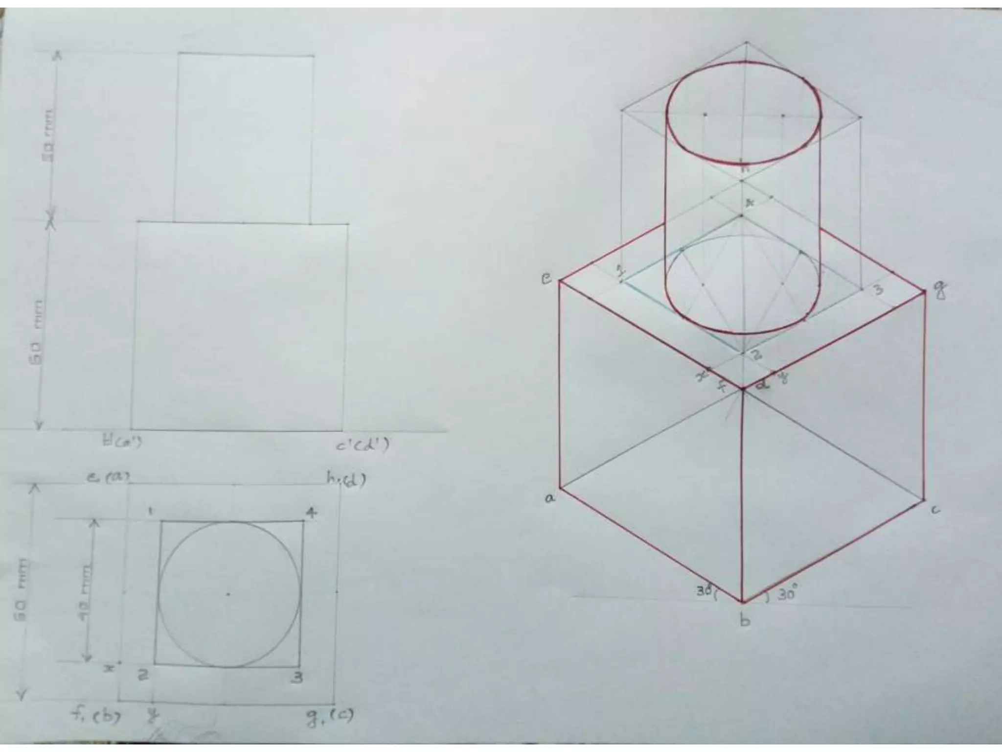 Isometric view of combination of solids: Cylinder resting centrally ...