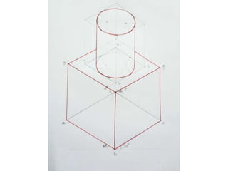 Isometric view of combination of solids: Cylinder resting centrally ...