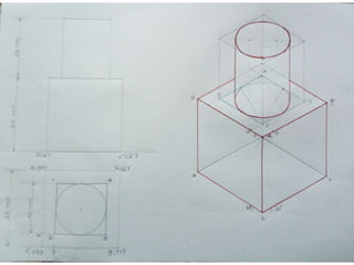 Isometric view of combination of solids: Cylinder resting centrally ...