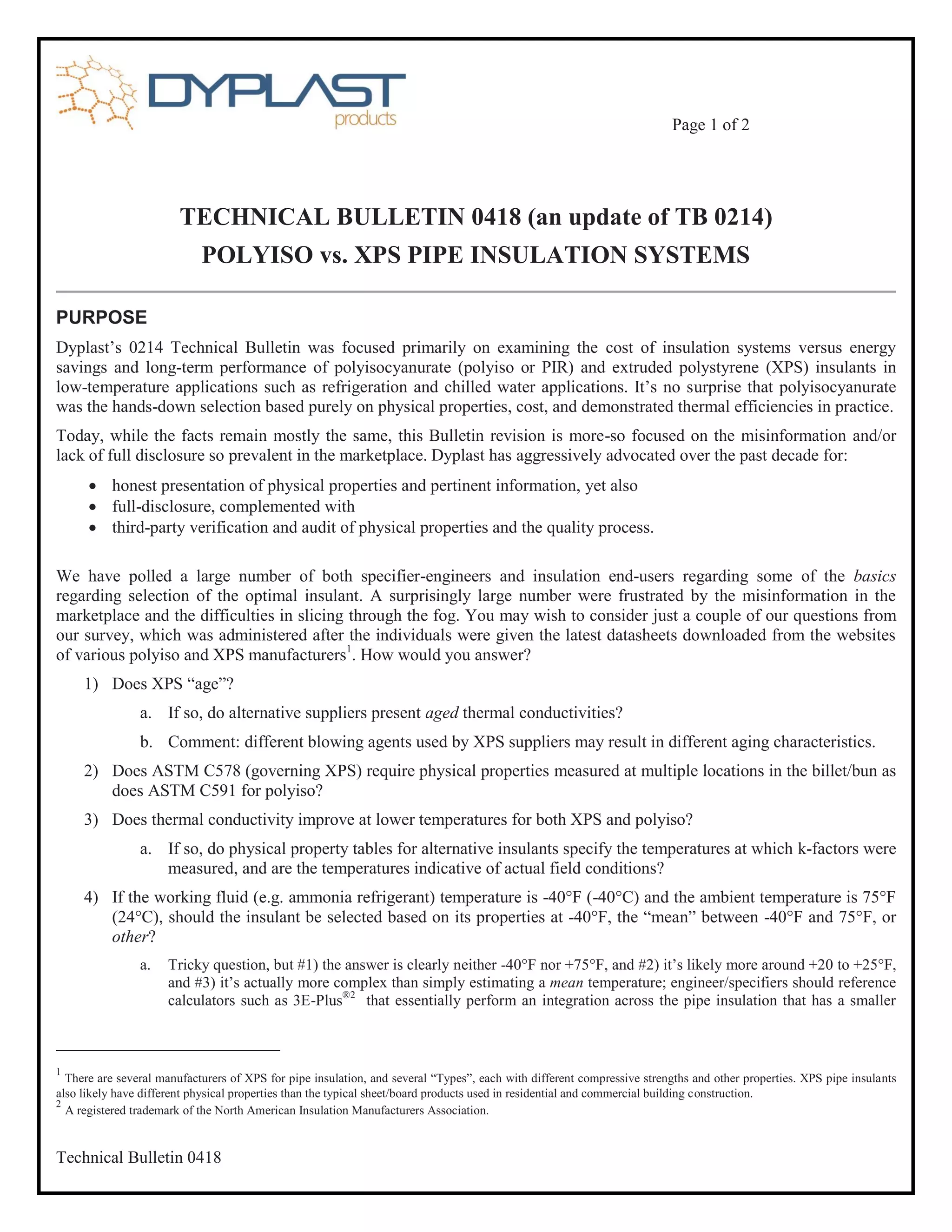Technical Bulletin 0418 Polyiso vs. XPS Pipe Insulation Systems | PDF