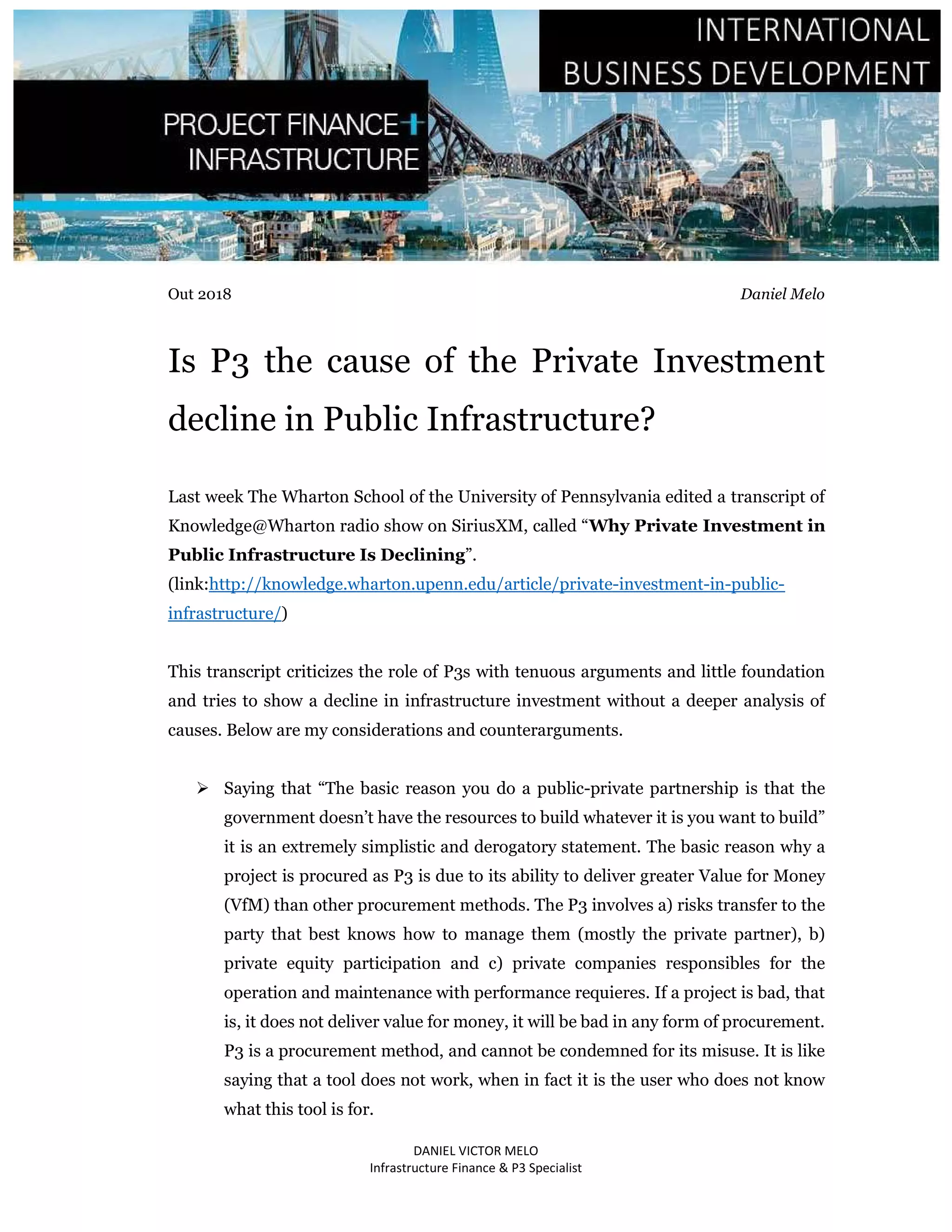 Is p3 the cause of private investment decline in public infrastructure ...