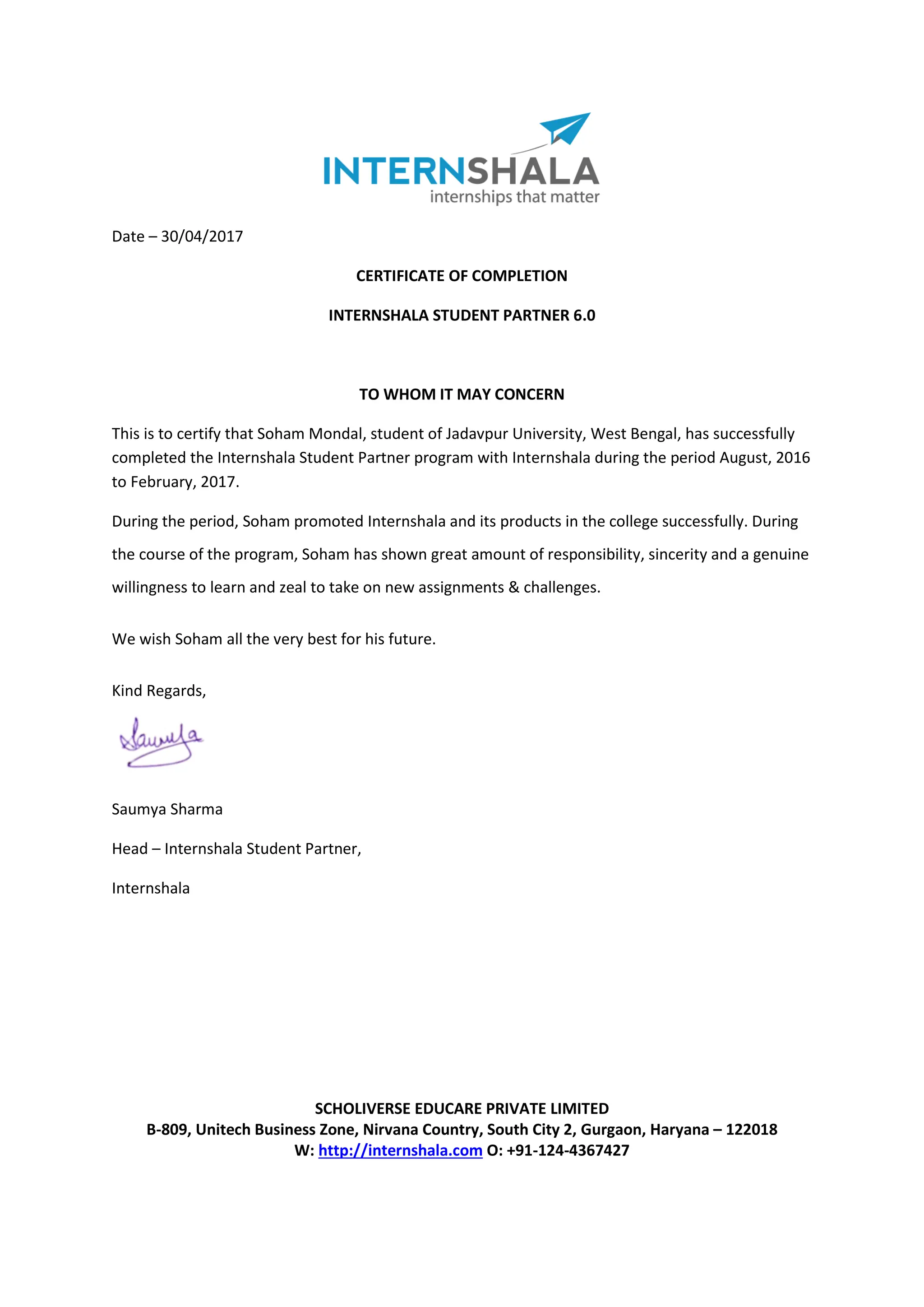 Internshala Student Partner 6.0 Jadavpur University Certificate | PDF