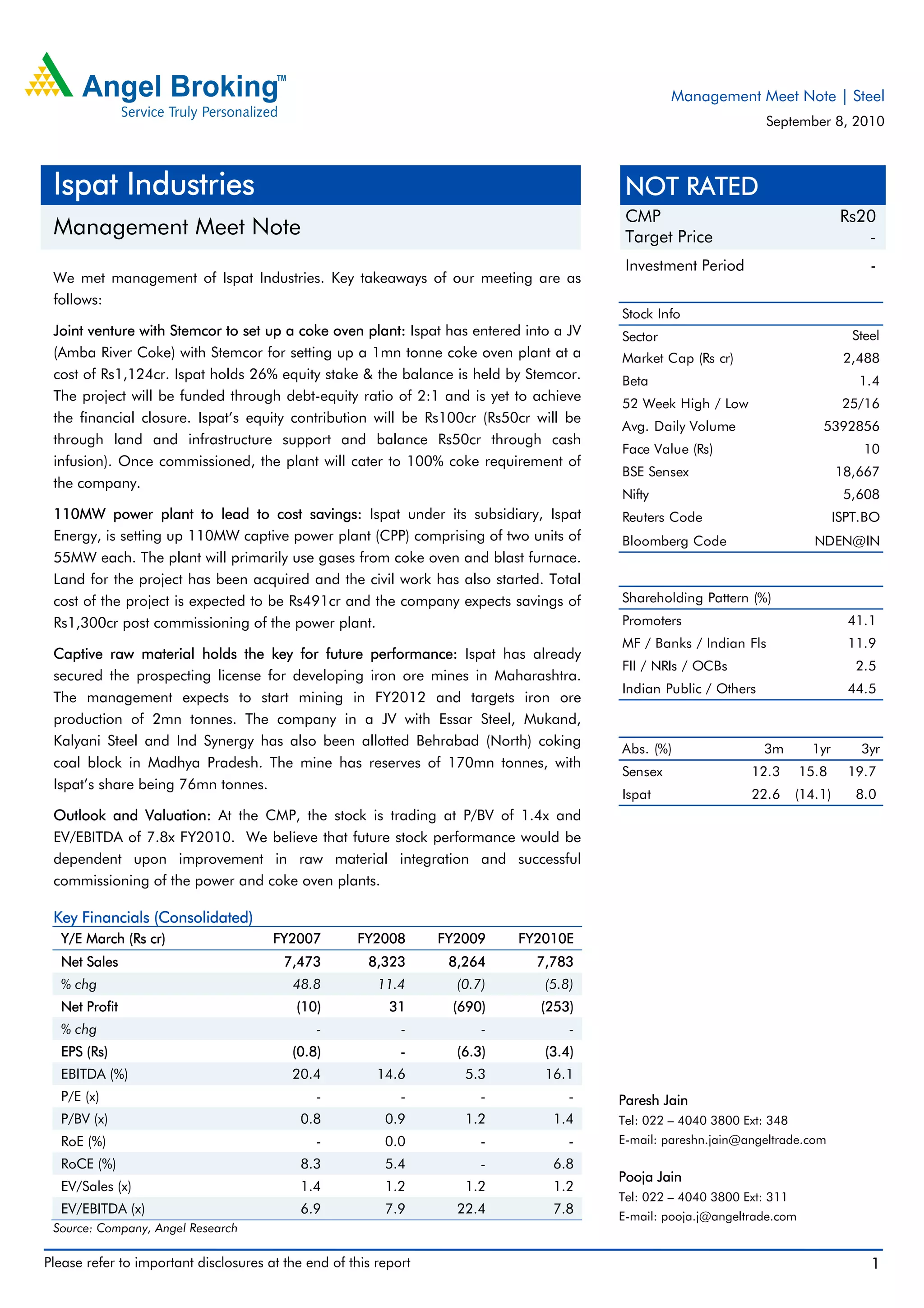 Ispat Industries Management Meet Note-080910 | PDF