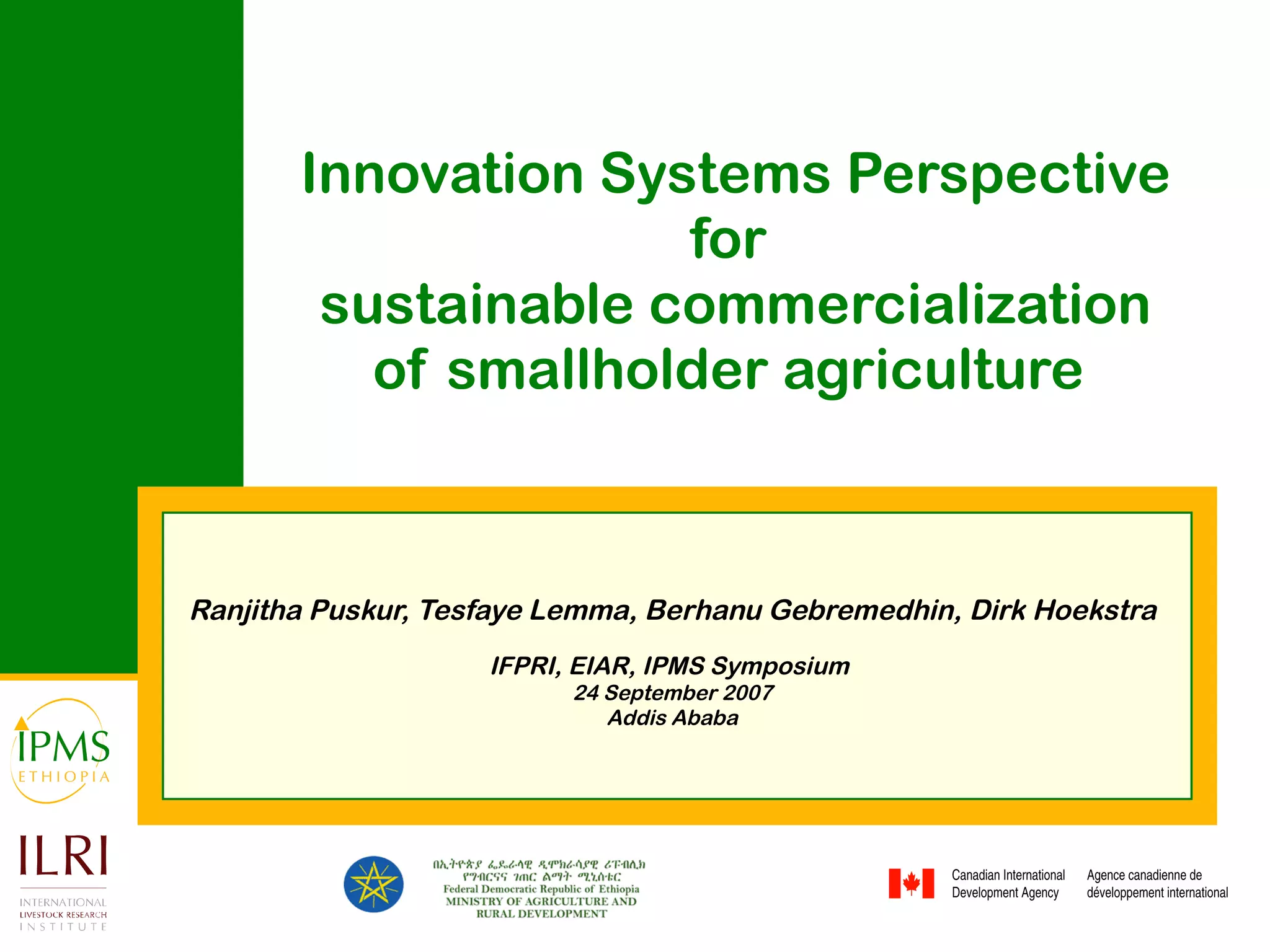 Innovation systems perspective for sustainable commercialization of smallholder agriculture | PPT
