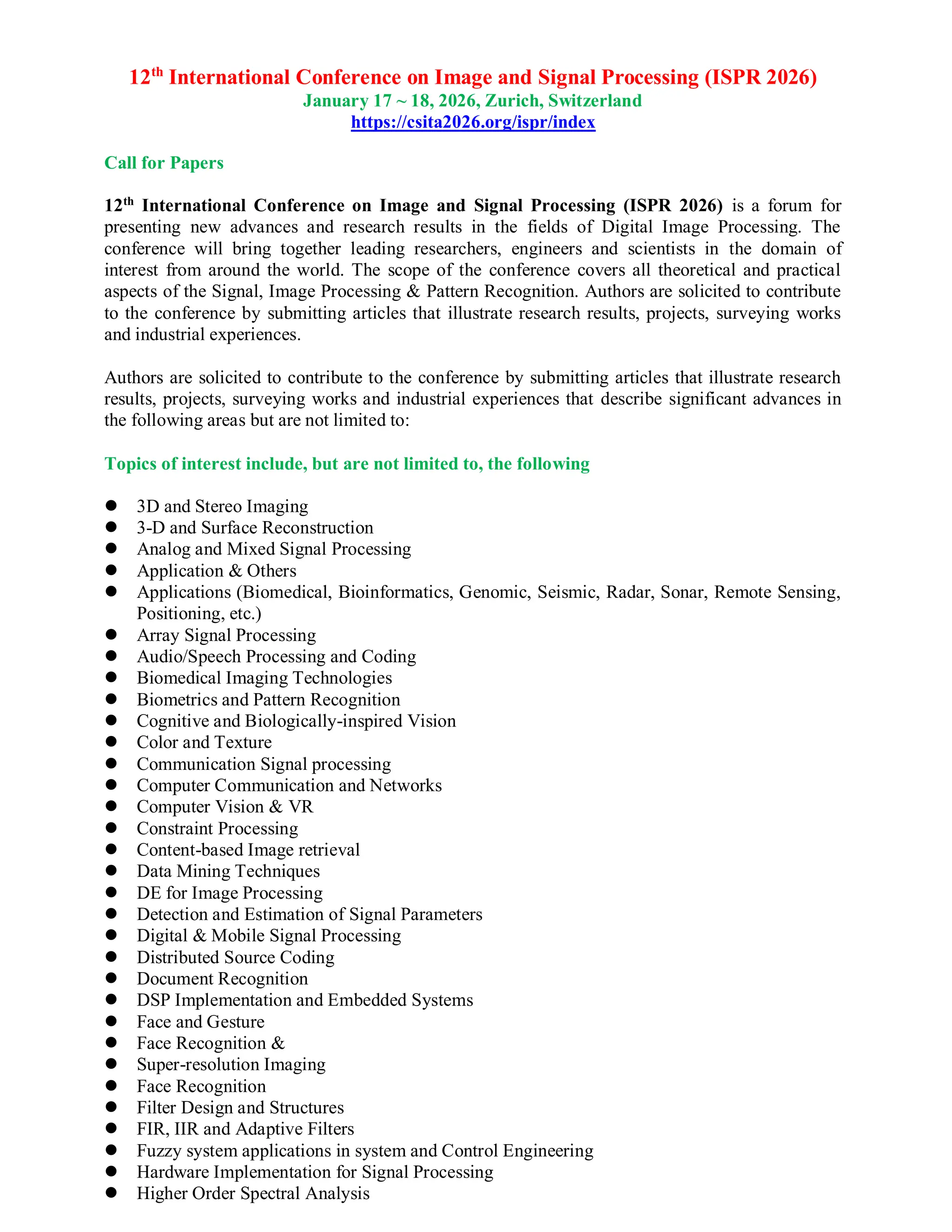 12th International Conference on Image and Signal Processing (ISPR 2026 ...