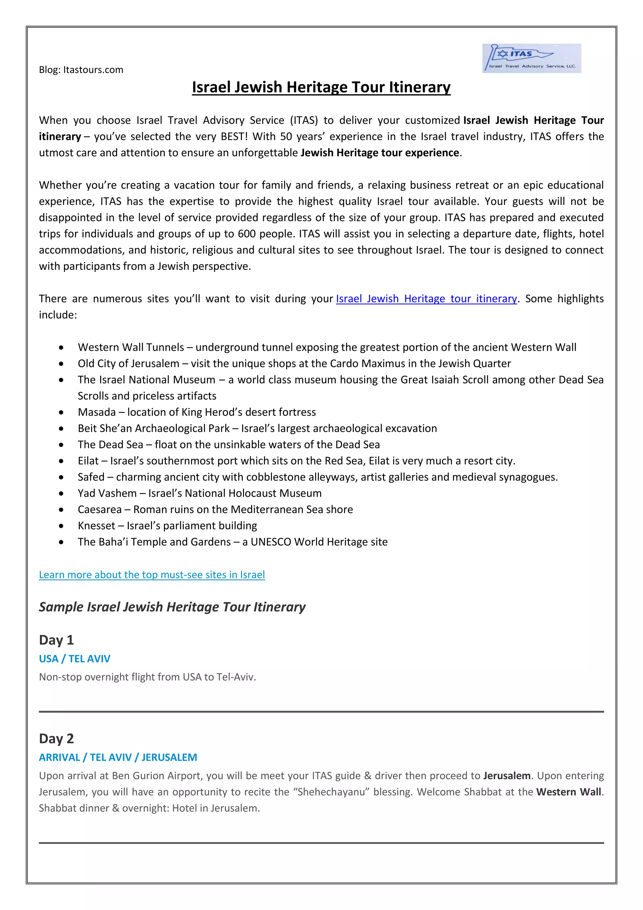 Israel Jewish Heritage Tour Itinerary | PDF