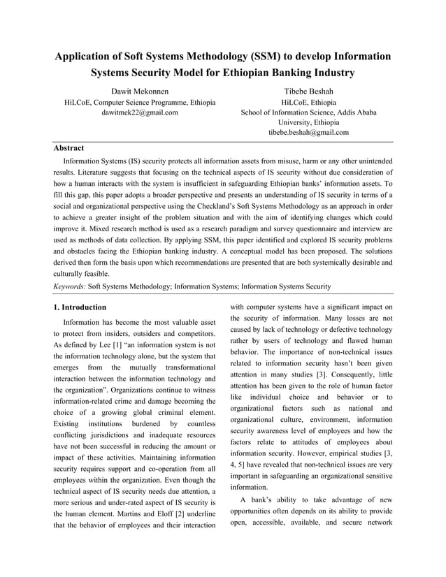 Application of Soft Systems Methodology (SSM) to develop Information Systems Security Model for ...