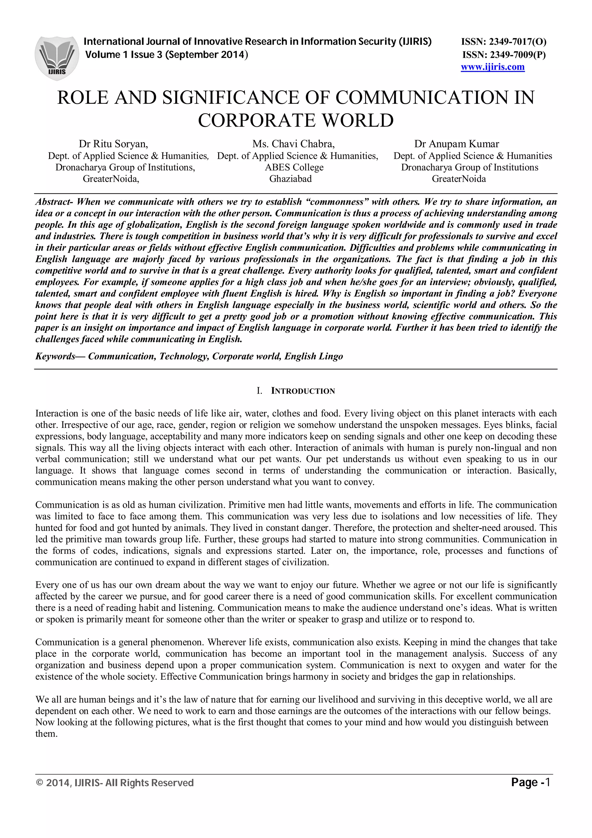 ROLE AND SIGNIFICANCE OF COMMUNICATION IN CORPORATE WORLD | PDF