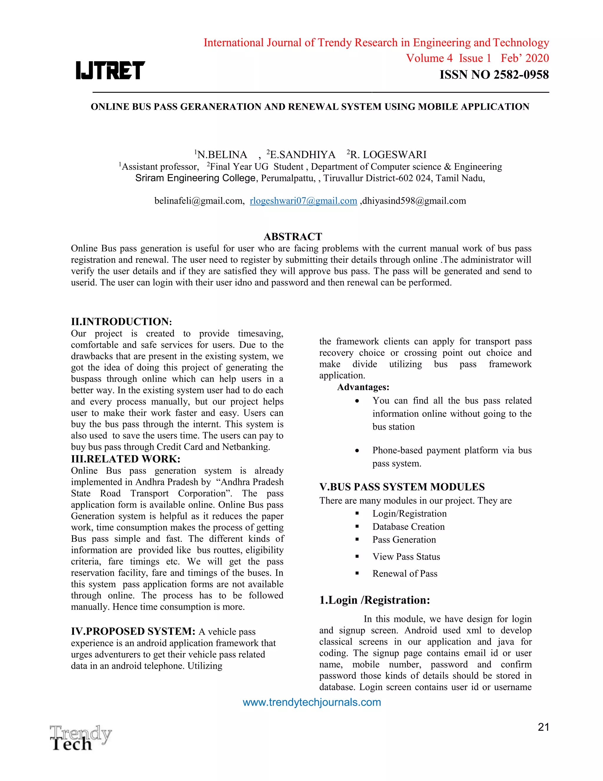 ONLINE BUS PASS GERANERATION AND RENEWAL SYSTEM USING MOBILE ...