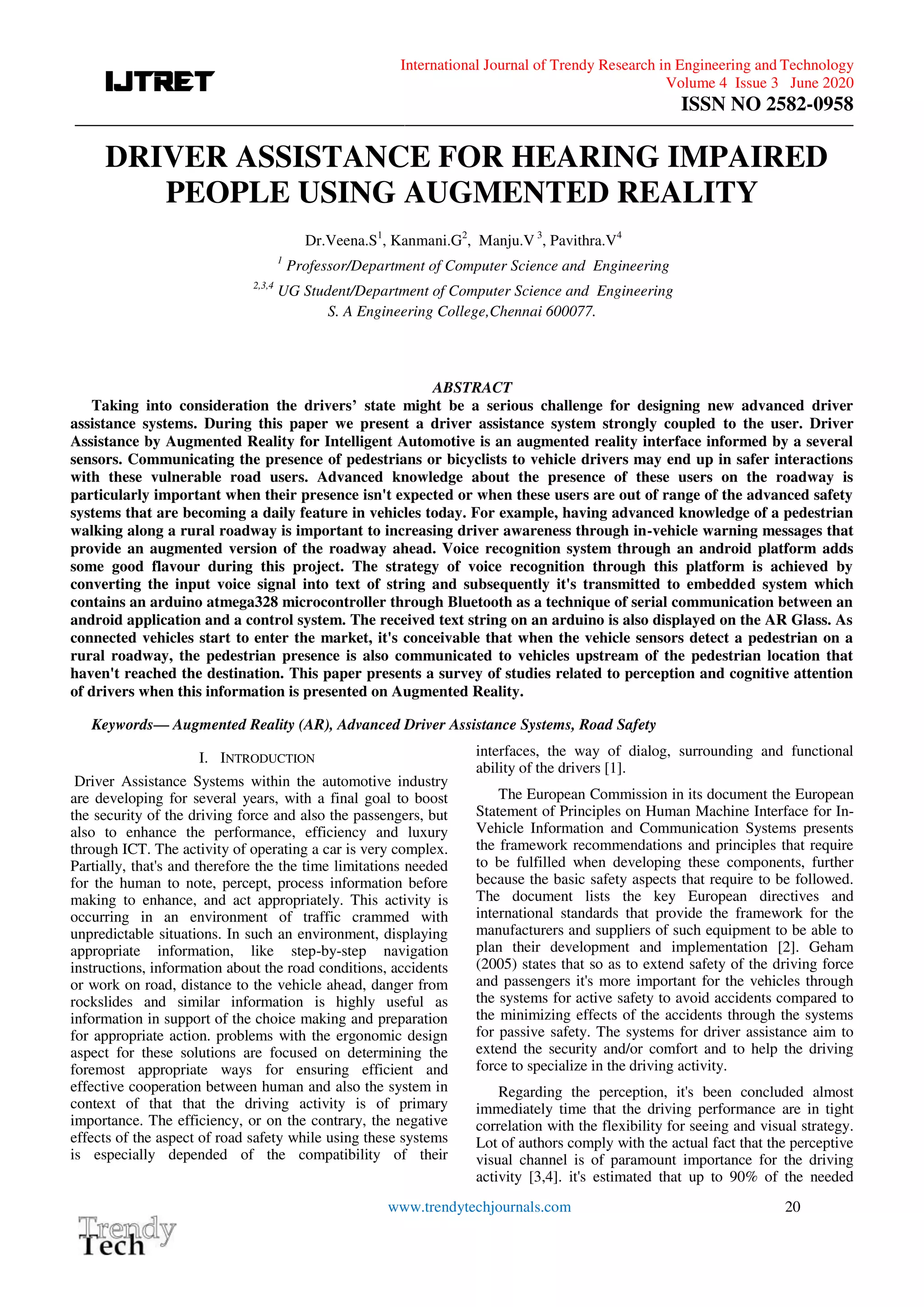 DRIVER ASSISTANCE FOR HEARING IMPAIRED PEOPLE USING AUGMENTED REALITY | PDF