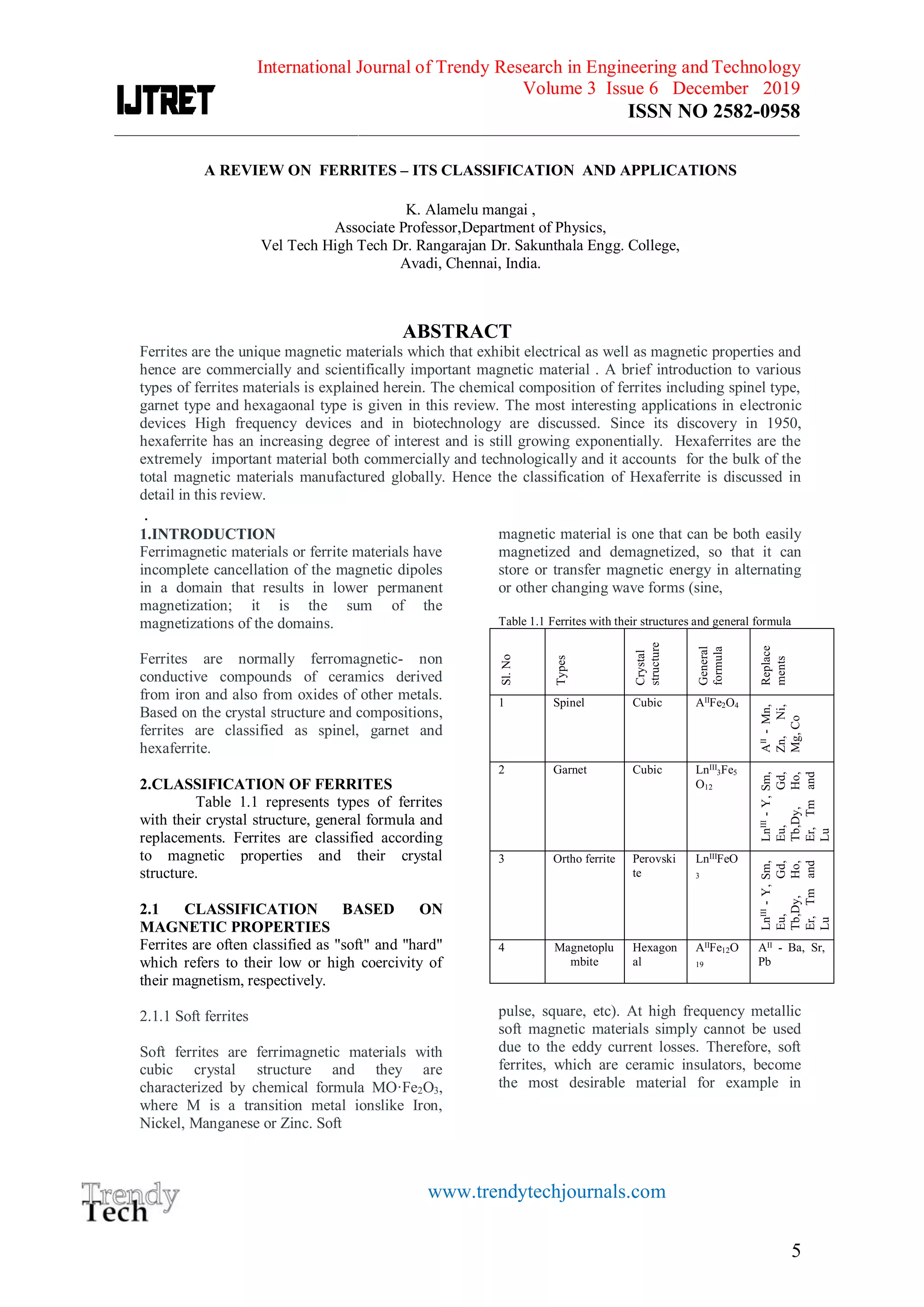 A REVIEW ON FERRITES – ITS CLASSIFICATION AND APPLICATIONS | PDF