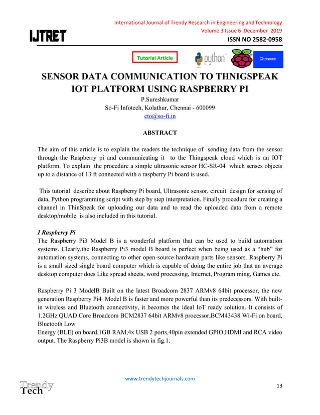 SENSOR DATA COMMUNICATION TO THNIGSPEAK IOT PLATFORM USING RASPBERRY P | PDF