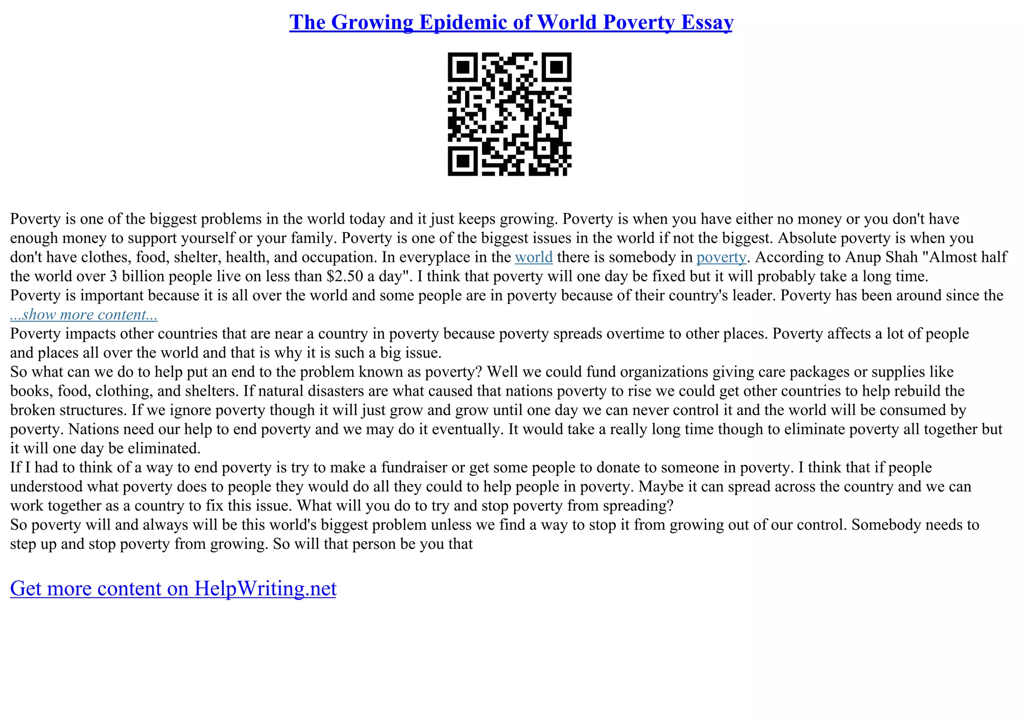 Issue Of Poverty In The World Essay | PDF