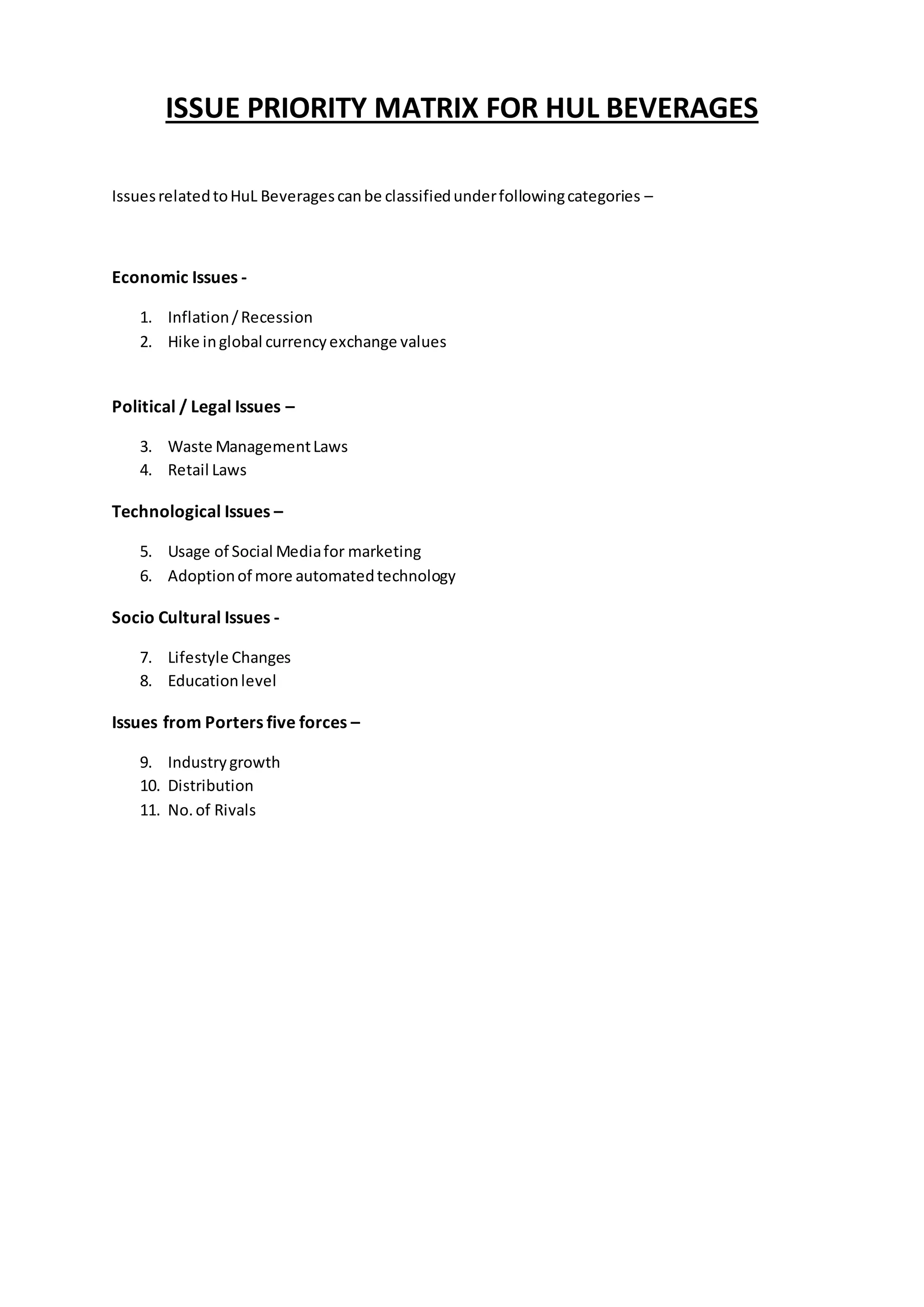 Issue priority matrix for hul beverages | PDF
