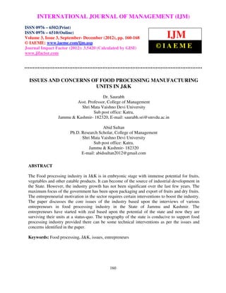 Issues and concerns of food processing manufacturing units in j&k | PDF