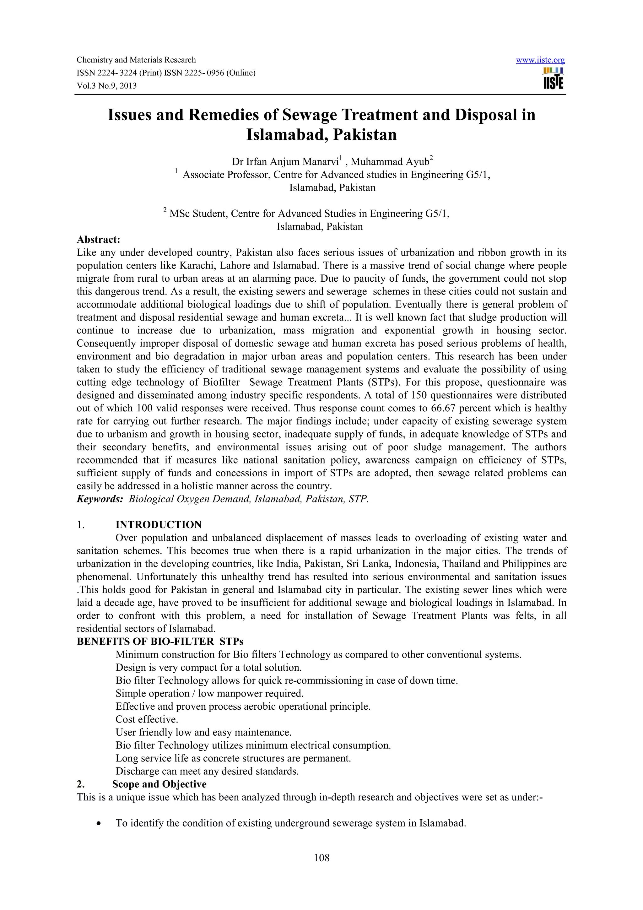 Issues and remedies of sewage treatment and disposal in islamabad, pakistan | PDF