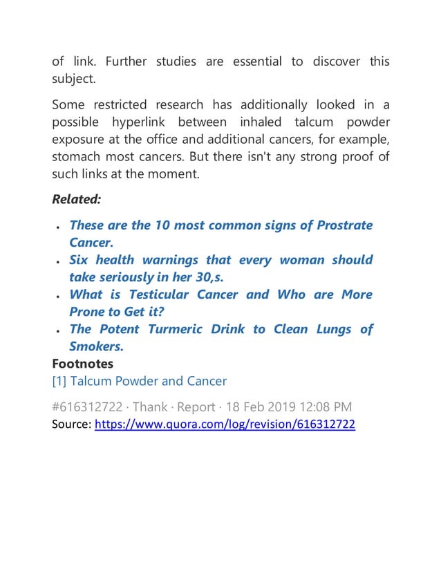 Is talcum powder causes cancer | DOCX | Cancer | Diseases and Conditions