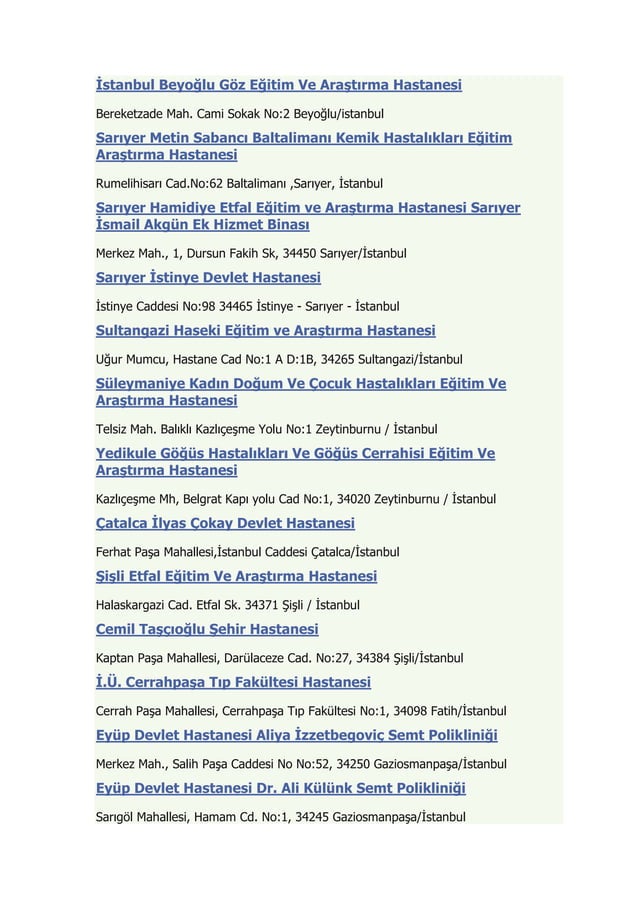 İstanbul ilindeki tüm devlet hastaneleri | PDF
