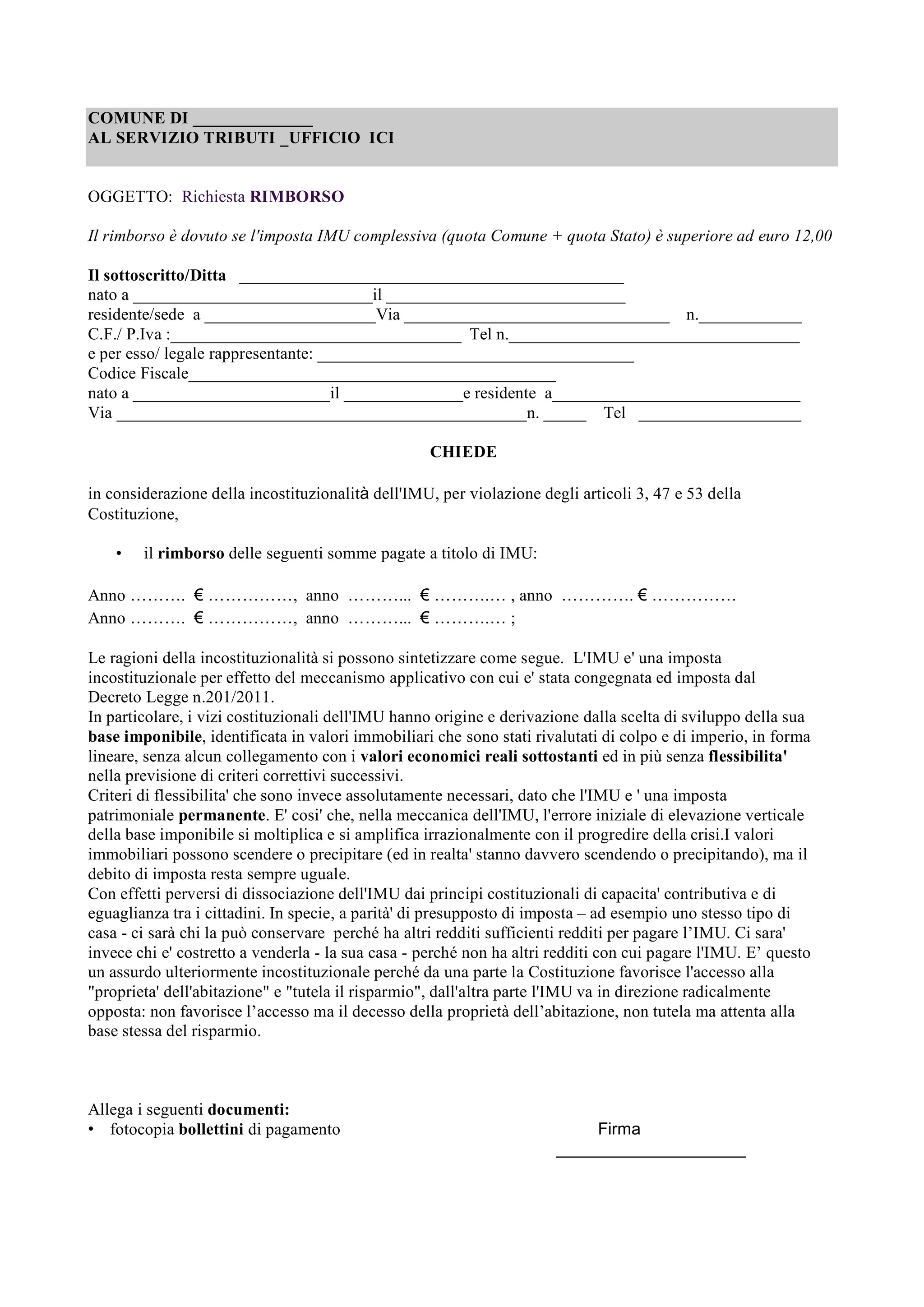 Istanza rimborso imu | PDF