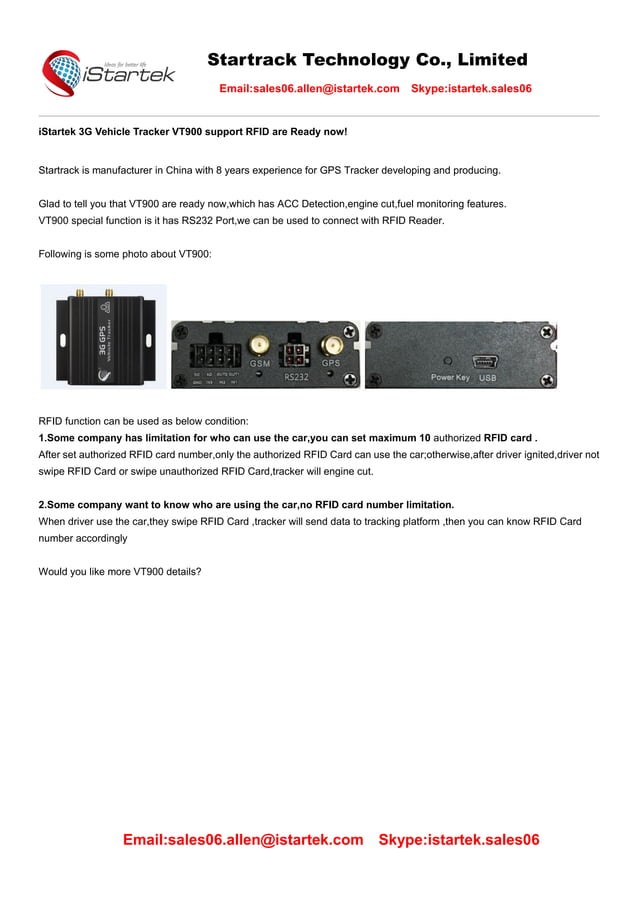 iStartek 3g vehicle tracker vt900 support rfid are ready now | PDF
