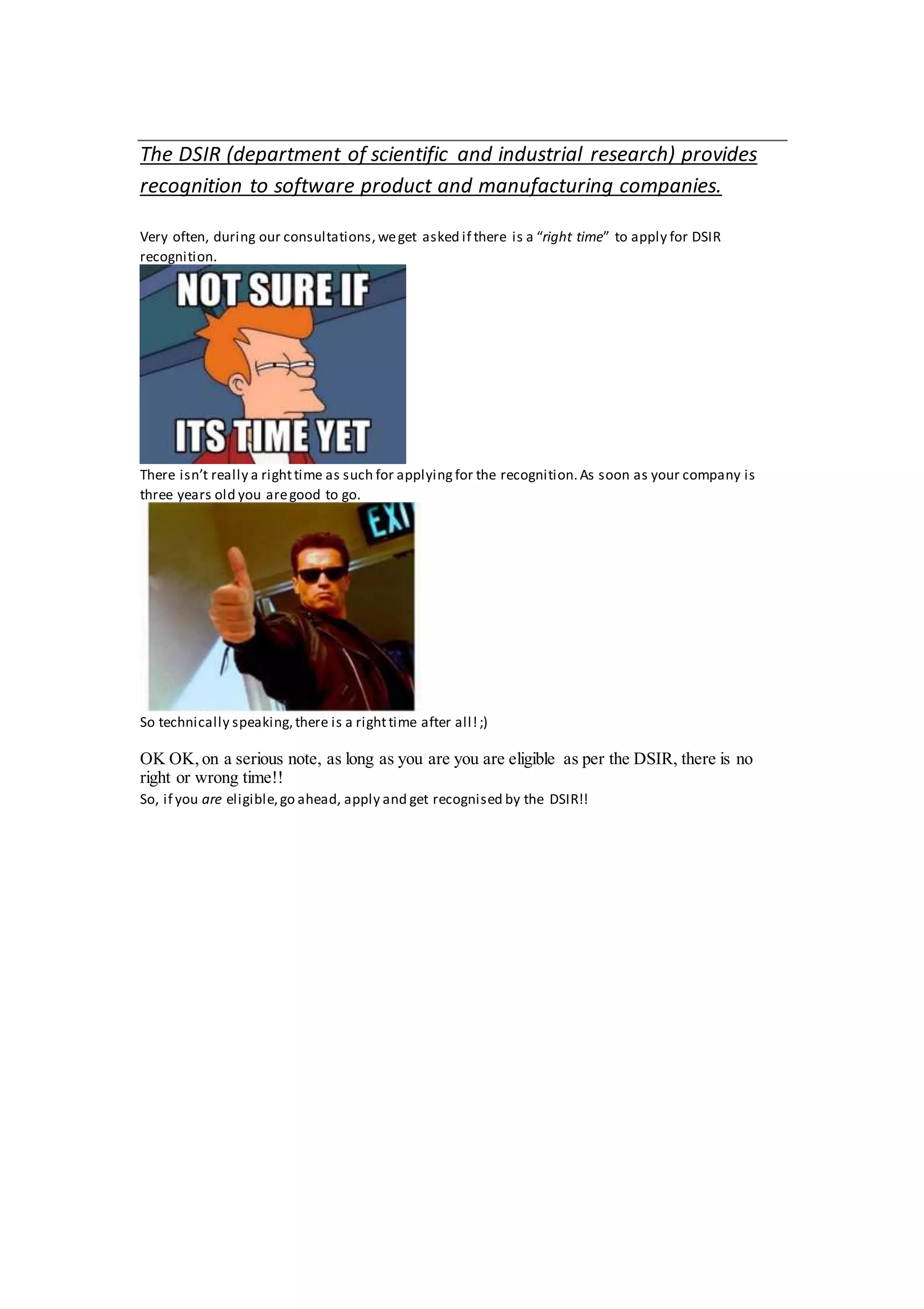 Right time to apply for DSIR Recognition | DOCX