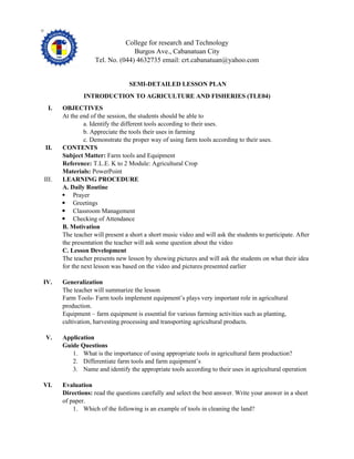 lesson Plan about agriculture and fisheries btvted 20204 | PDF