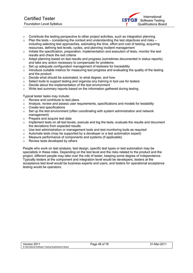 ISTQB - Foundation Level Syllabus 2011 | PDF