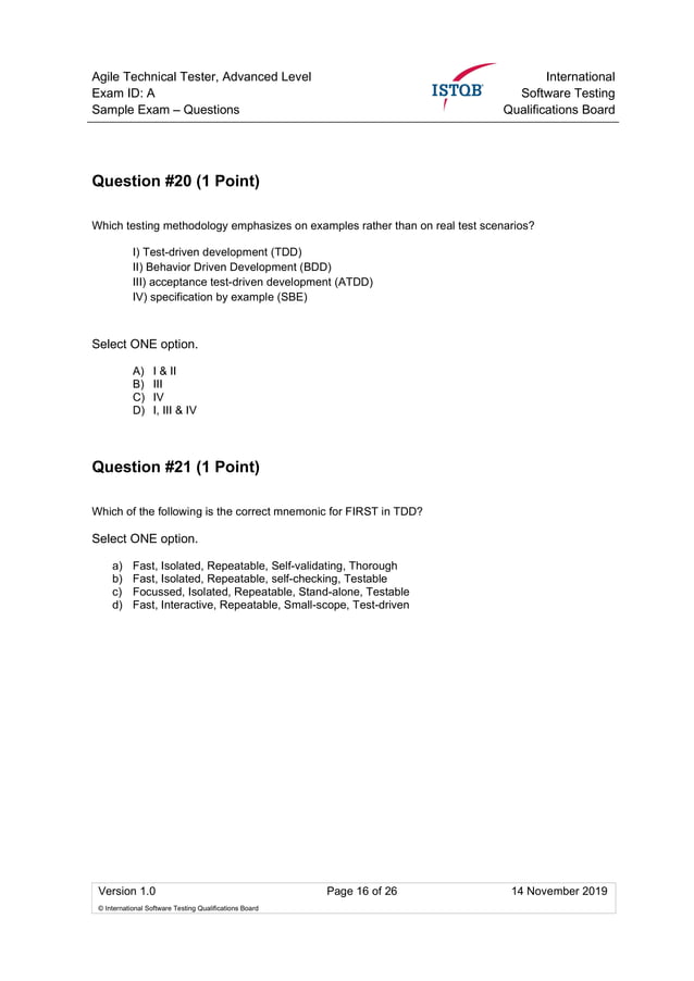 ISTQB Agile Technical Tester Sample Question Paper | PDF | Computing ...