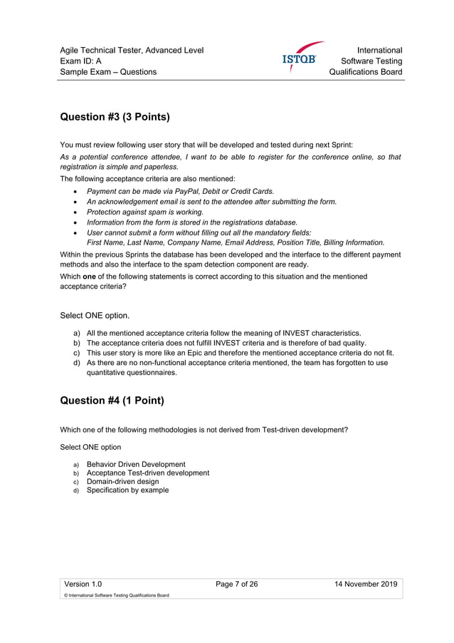 ISTQB Agile Technical Tester Sample Question Paper | PDF | Computing ...
