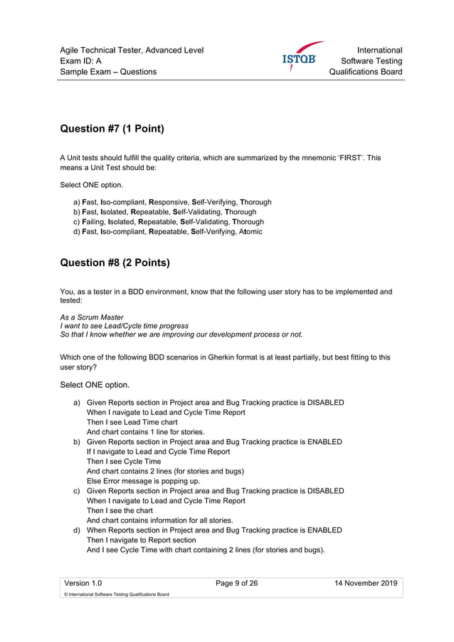 ISTQB Agile Technical Tester Sample Question Paper | PDF | Computing ...