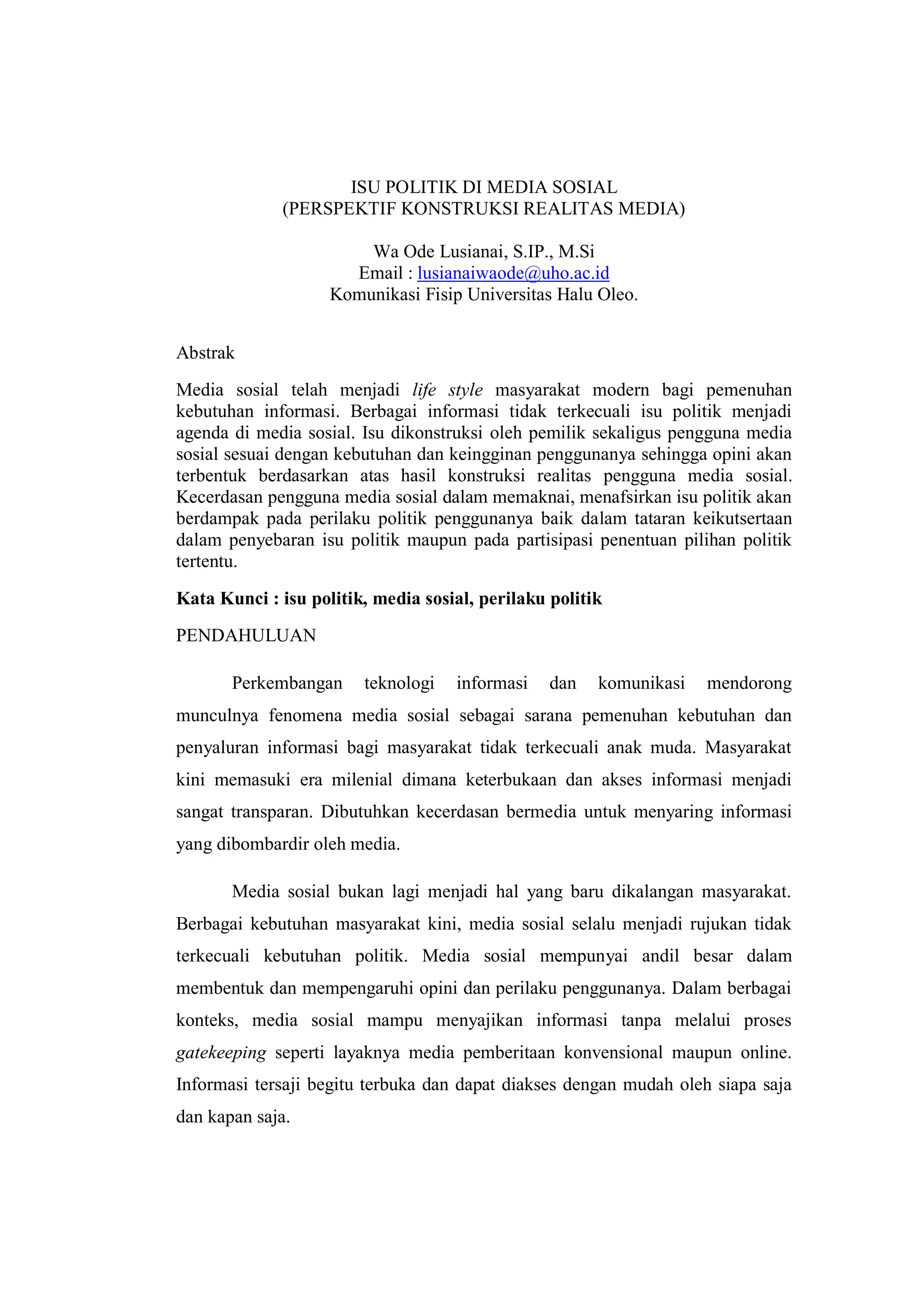 Isu politik di media sosial (perspektif konstruksi realitas media) | PDF