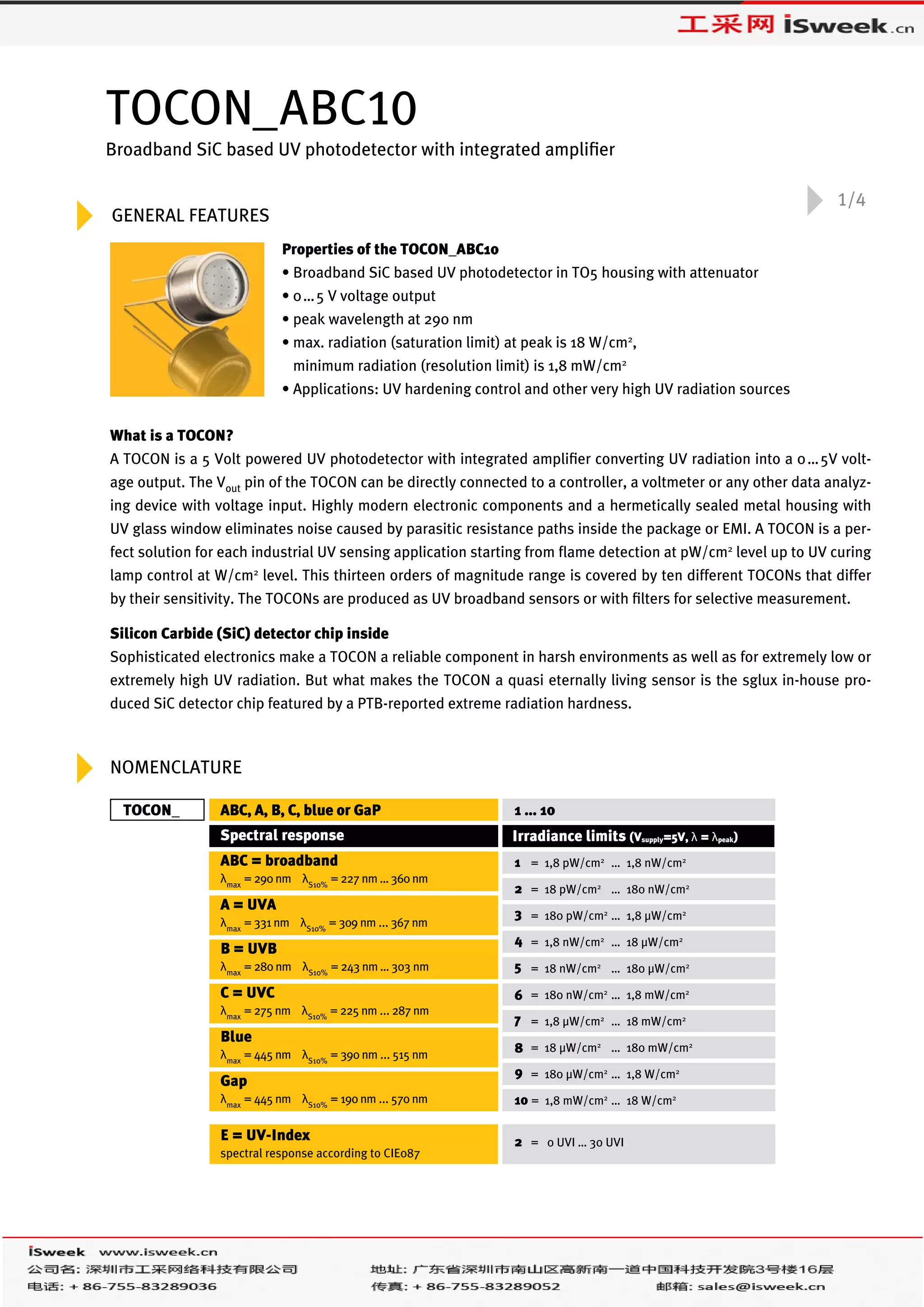 Isweek broadband si c based uv photodetector with integrated amplifier tocon-abc10 | PDF