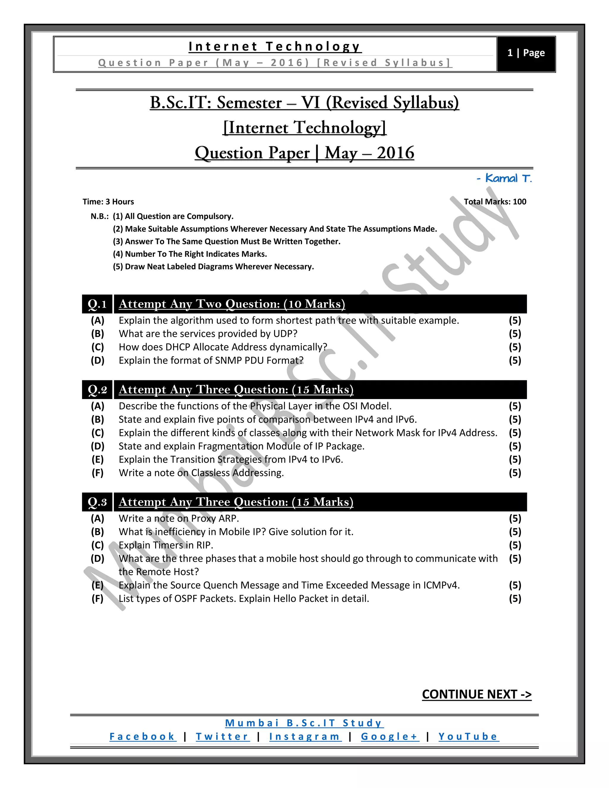 Internet Technology (May – 2016) [Revised Syllabus | Question Paper] | PDF