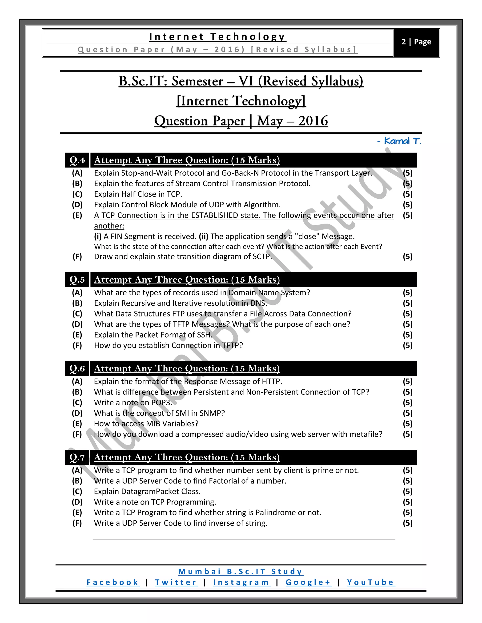 Internet Technology (May – 2016) [Revised Syllabus | Question Paper] | PDF
