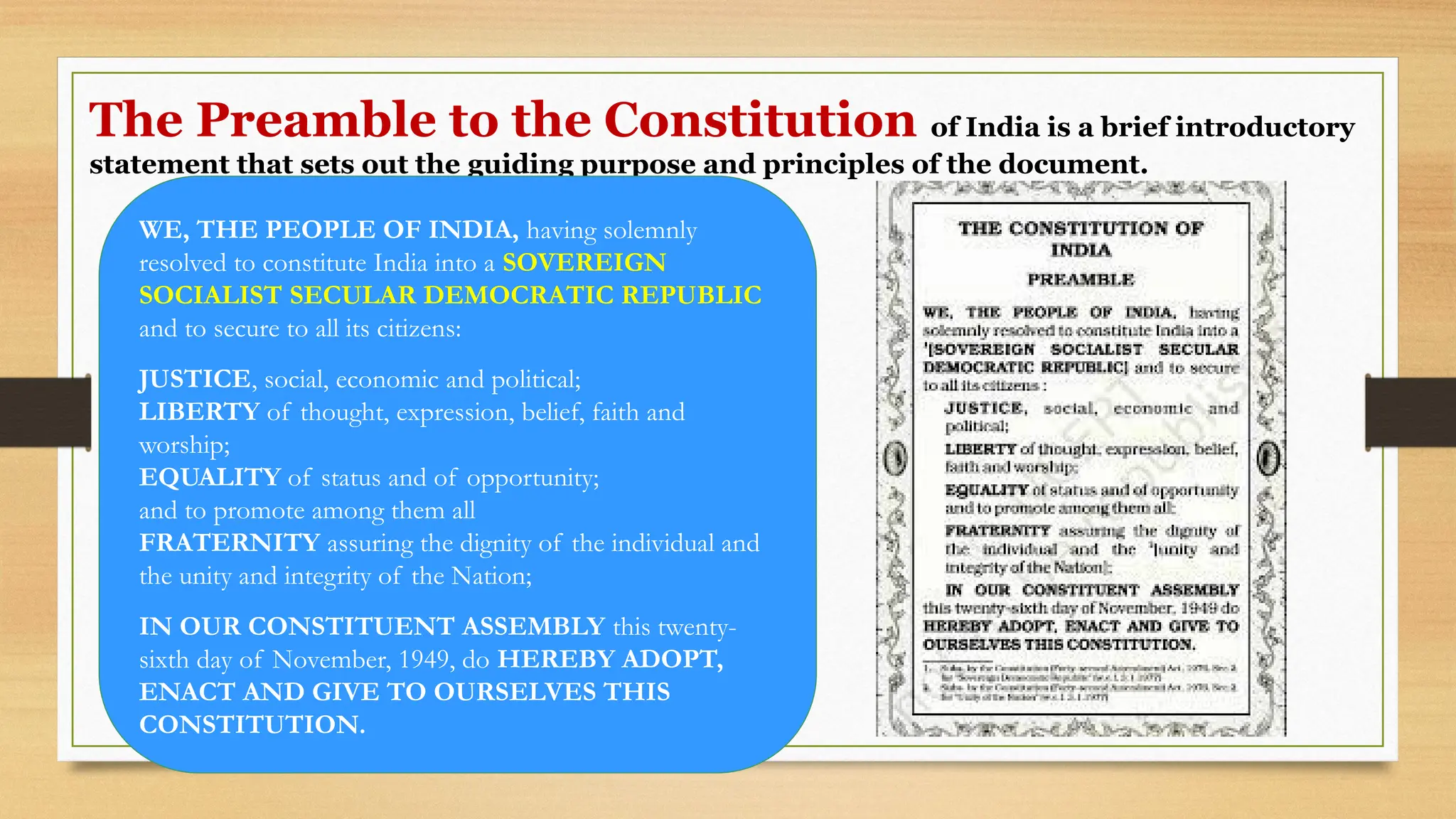 The Preamble Constitution of India k | PPT
