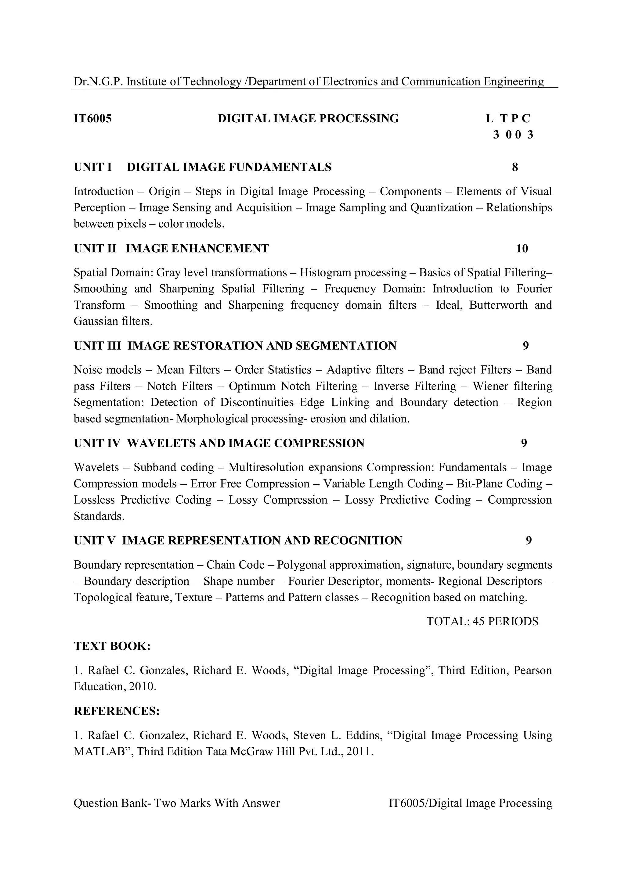 IT6005 digital image processing question bank | PDF