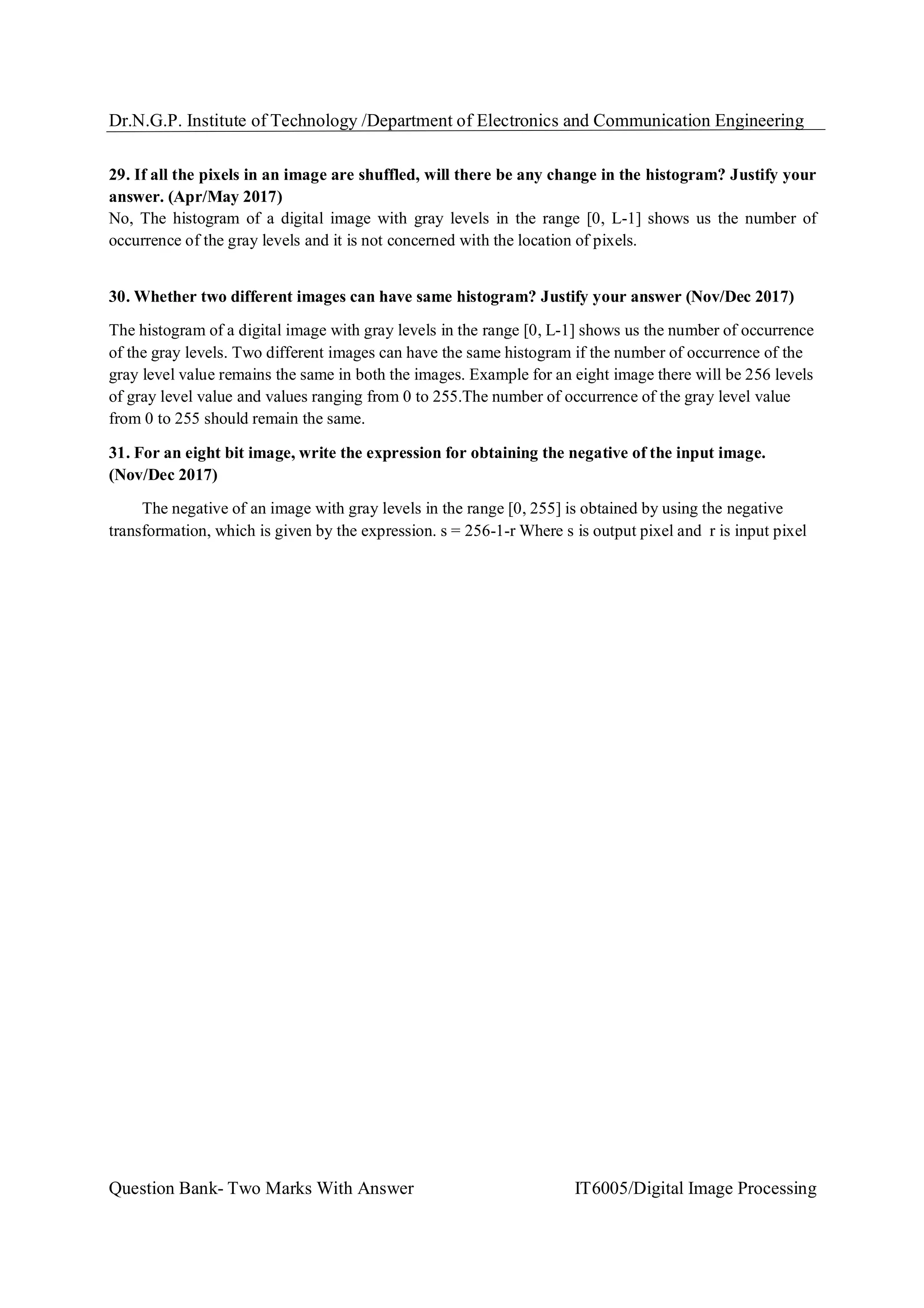 IT6005 digital image processing question bank | PDF