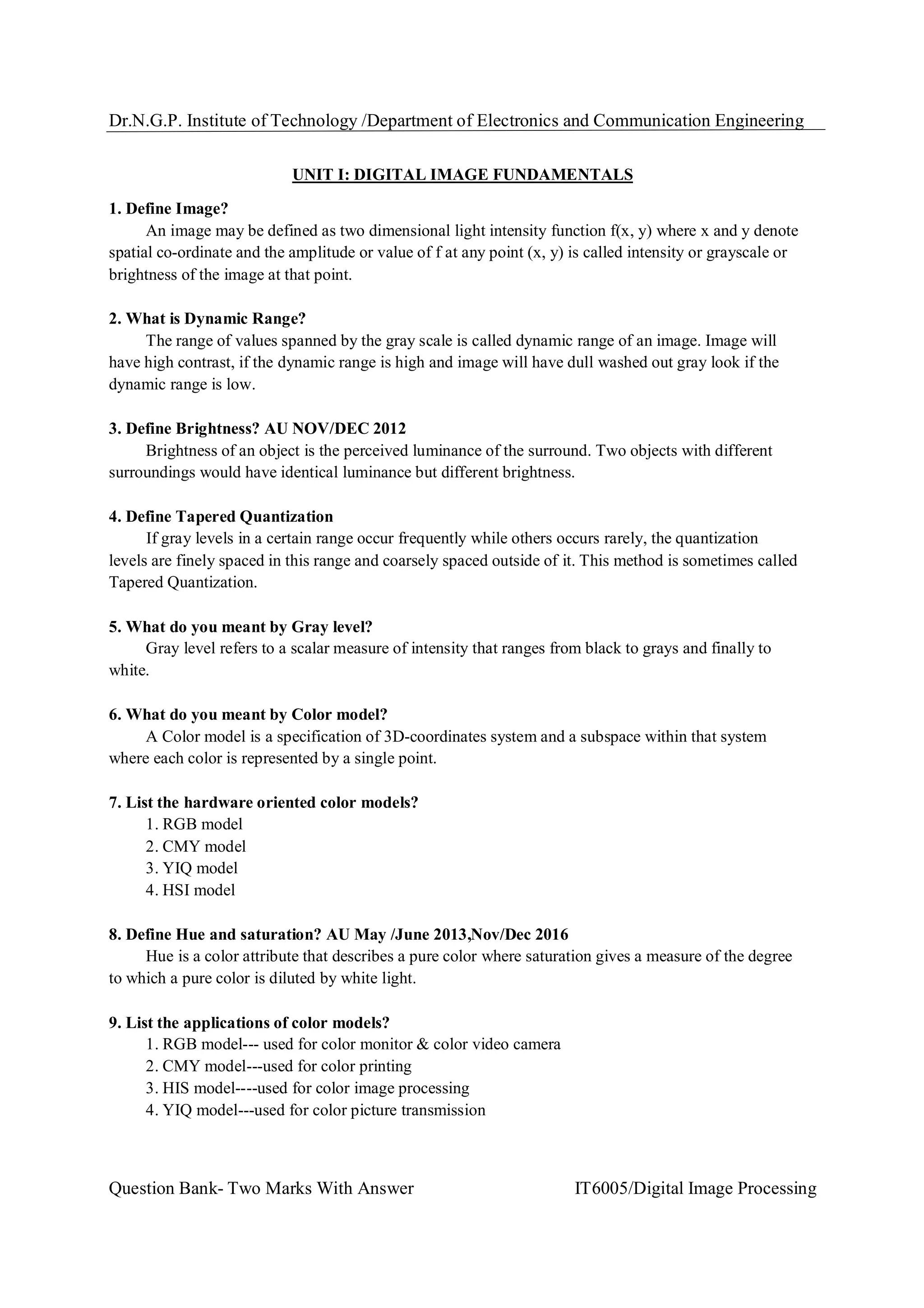 IT6005 digital image processing question bank | PDF