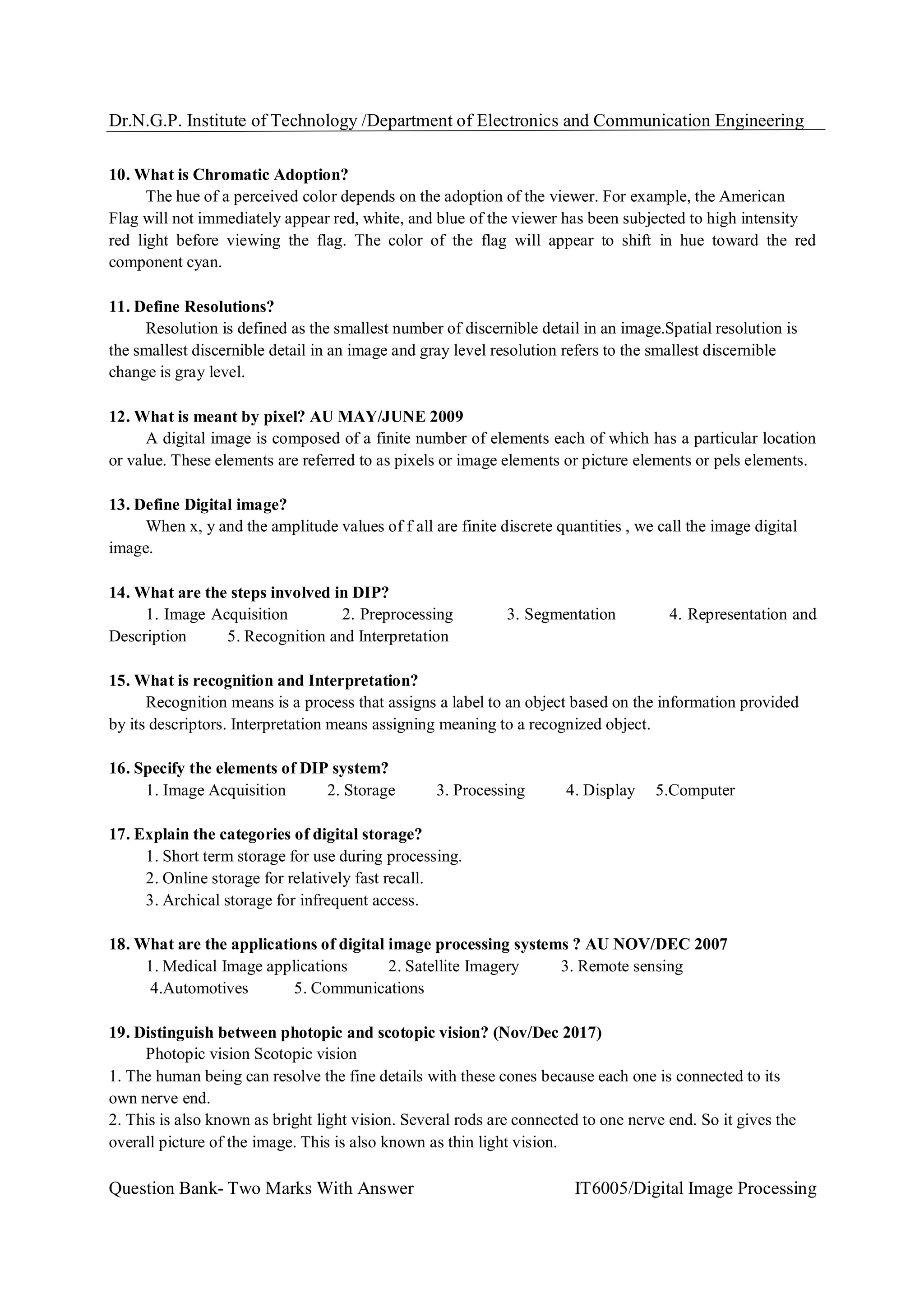 IT6005 digital image processing question bank | PDF