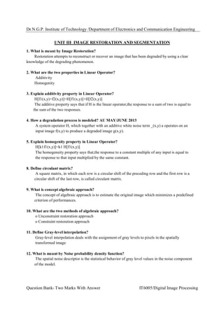 IT6005 digital image processing question bank | PDF