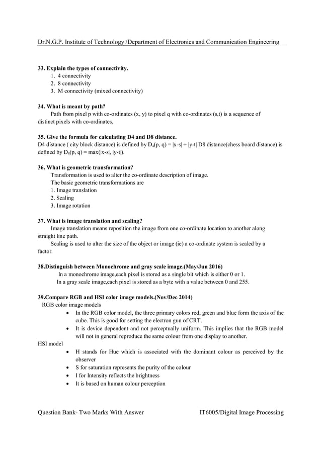 IT6005 digital image processing question bank | PDF